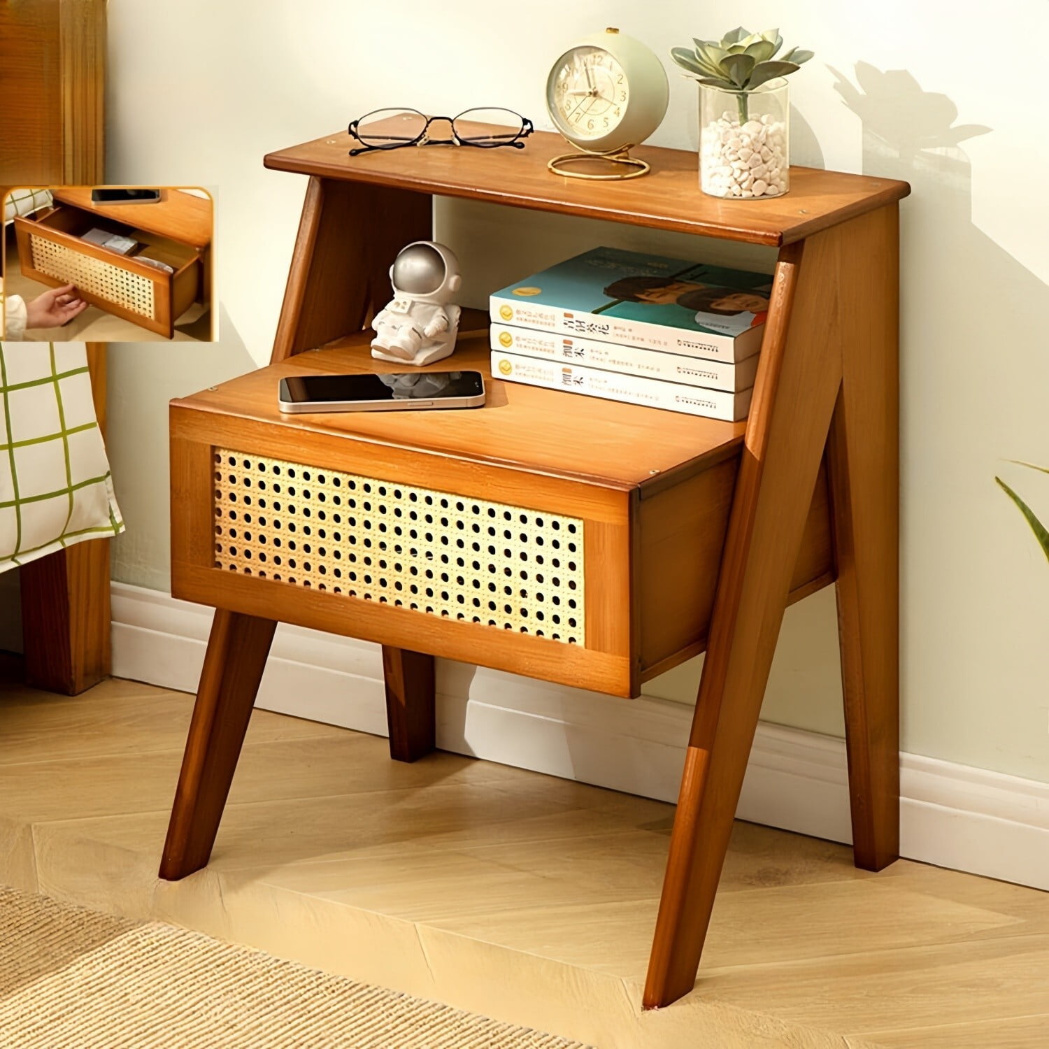 MEHOOM Bamboo Nightstand, Side Table with Drawer Open Shelf, Accent ...