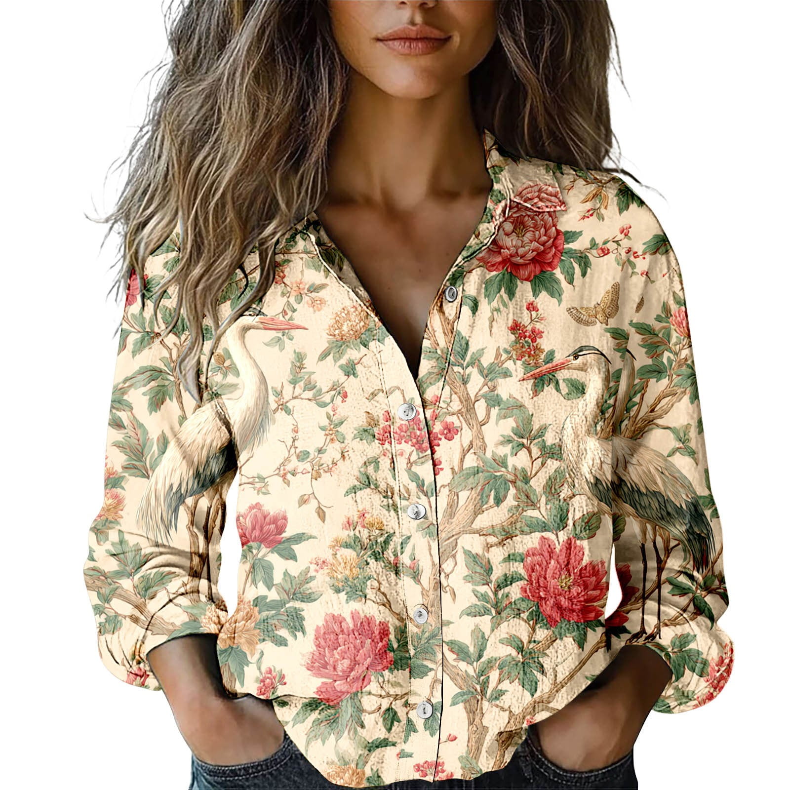 MEICHEN Button Down Shirts Women Retro Style Floral Waffle Long Sleeve ...