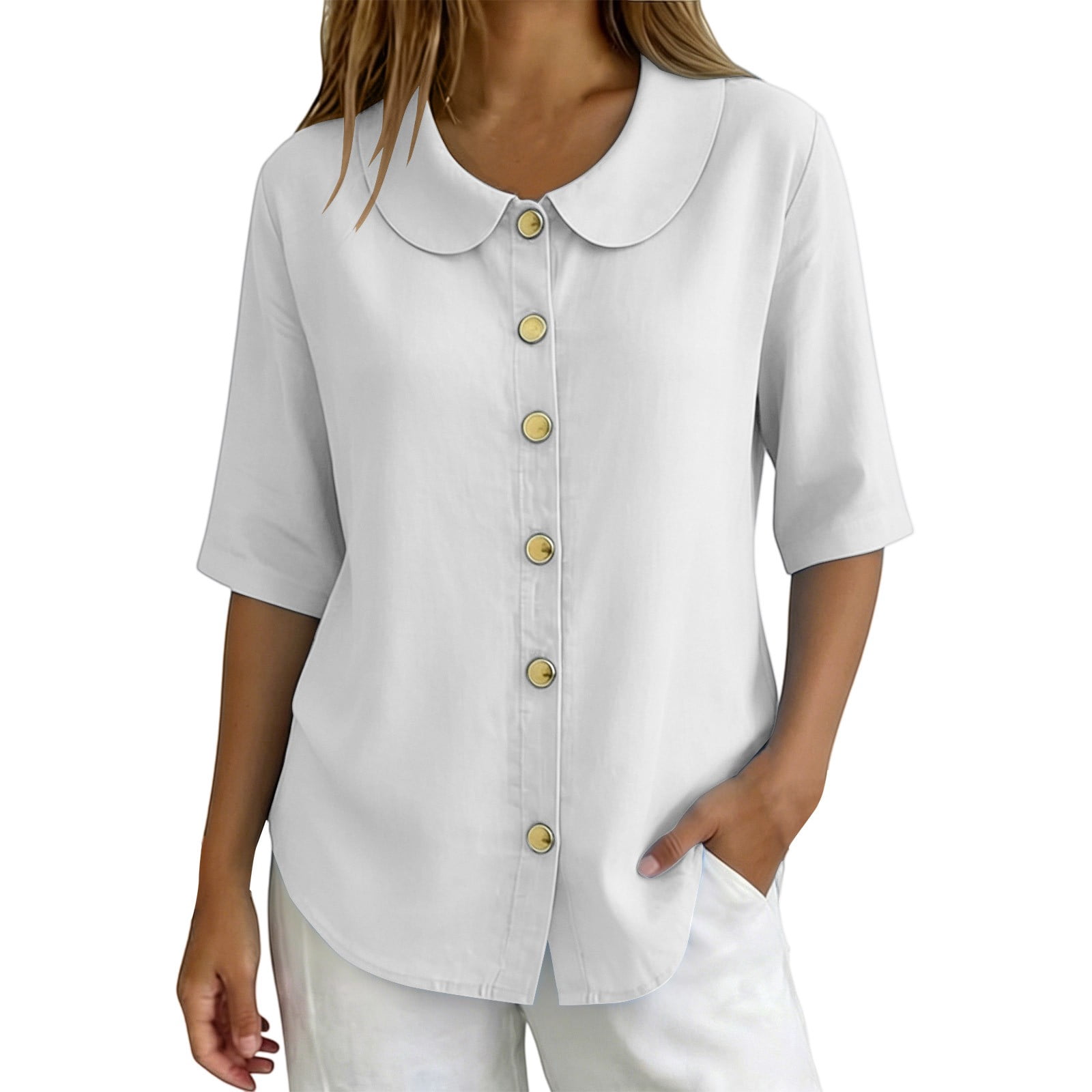 MEICHEN Cotton Linen Tops for Women Casual Shirts Button Down V Neck ...