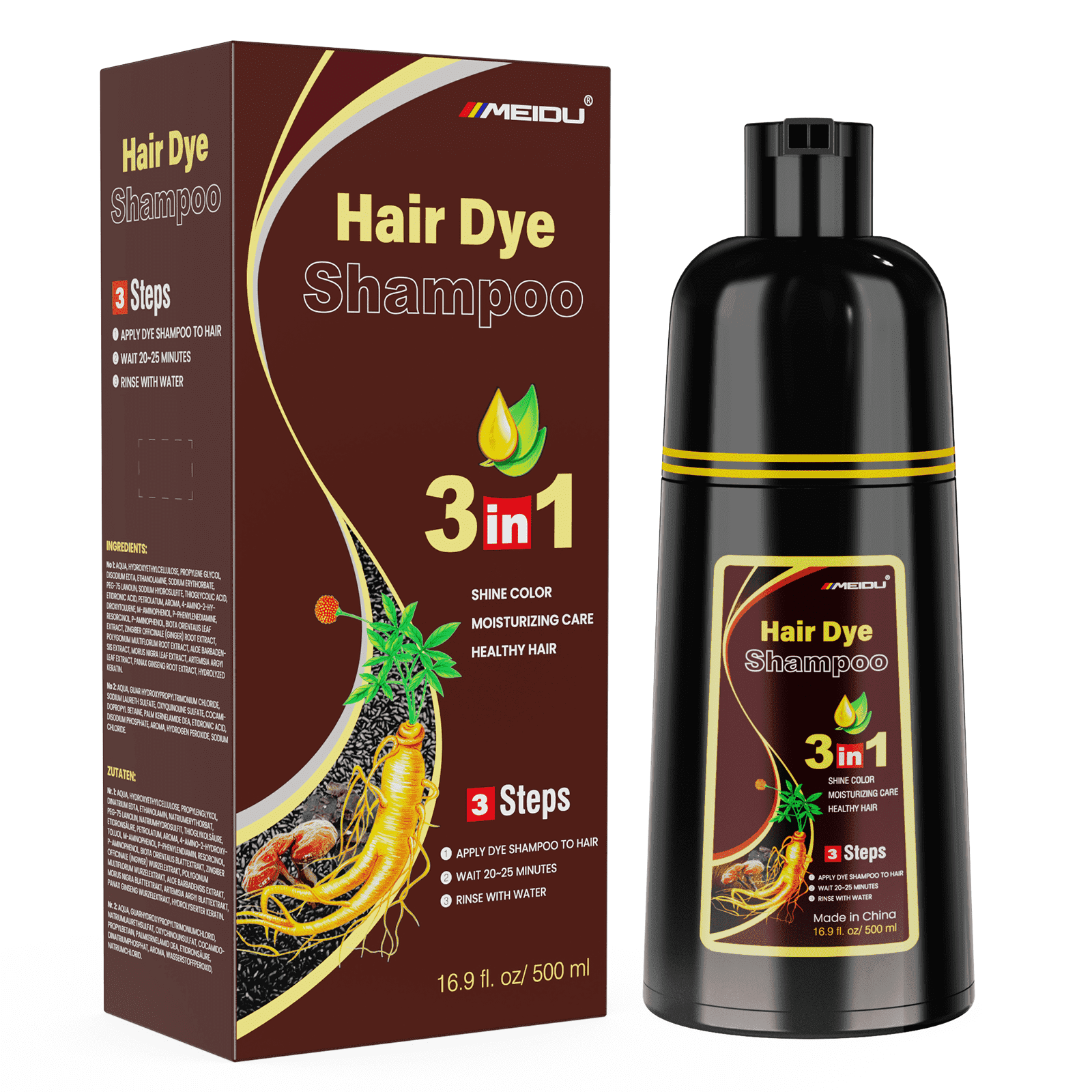 Meidu Dark Brown Hair Color Shampoo 500ML, 3 in 1 Instant Hair Dye for ...