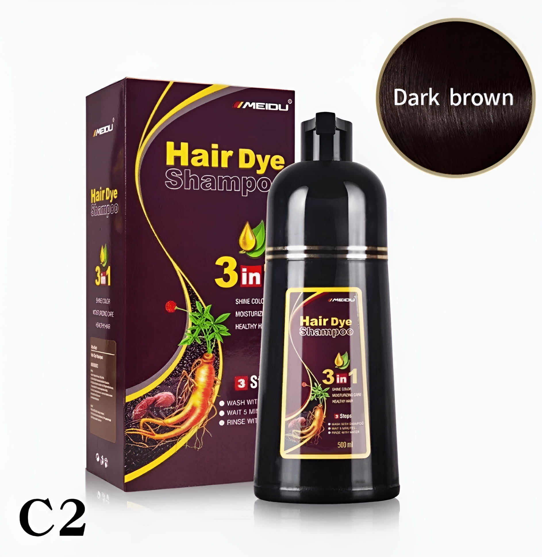Meidu Hair Dye Shampoo, 3-in-1 Dark Brown Herbal Formula, 500ML, Covers ...