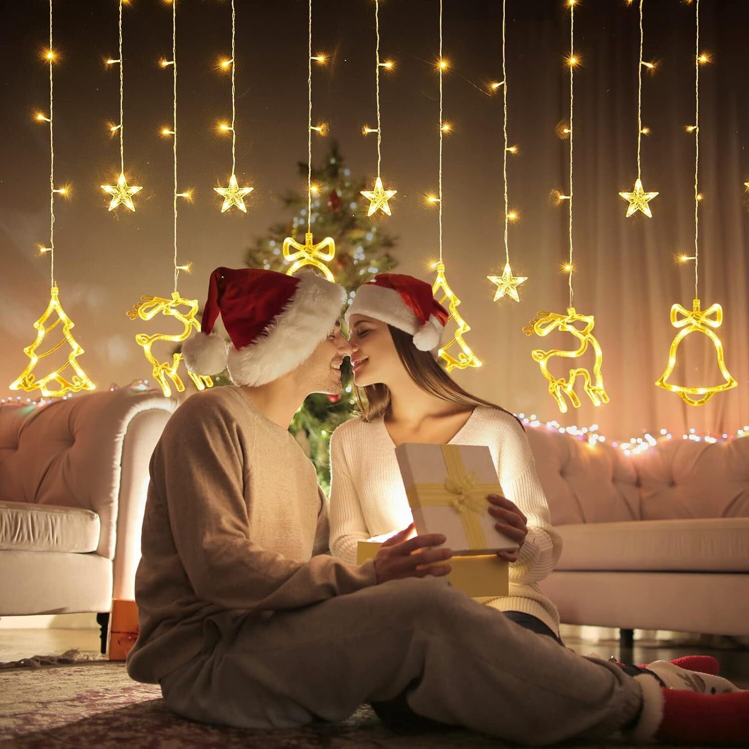 MEIPER Christmas Window Curtain Lights, 120 LED, 8 Flashing Modes, 9.84 ...