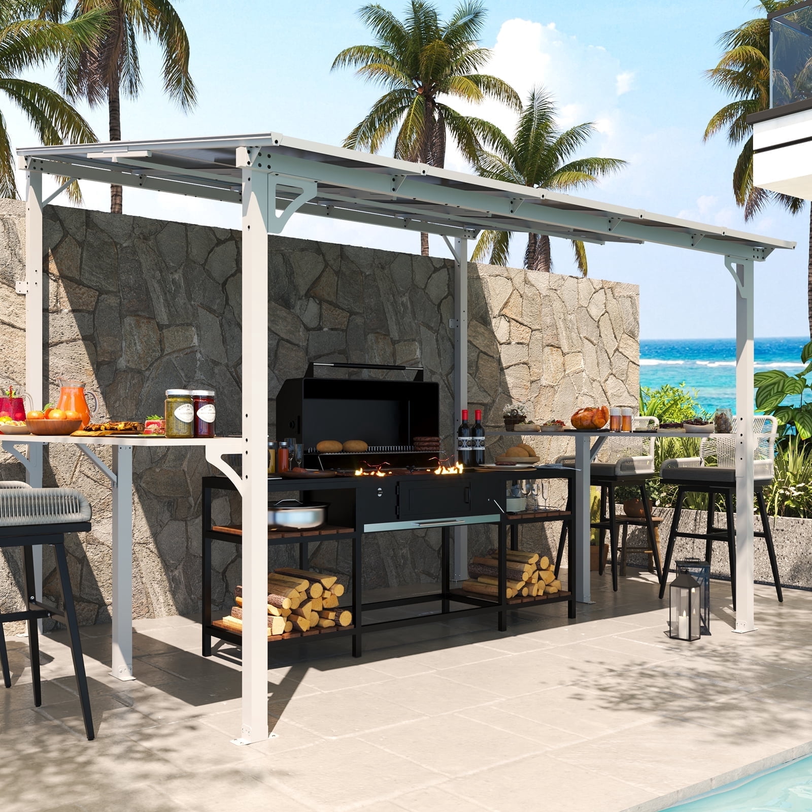 MEISSALIVVE 8' x 10' Wall Mounted Gazebo, Outdoor BBQ Grill Gazebo with ...