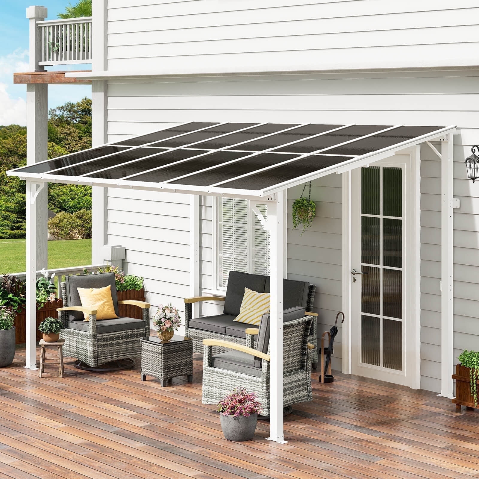 MEISSALIVVE 8' x 12' Hardtop Wall Mounted Gazebo Pergola, Lean-to Metal ...