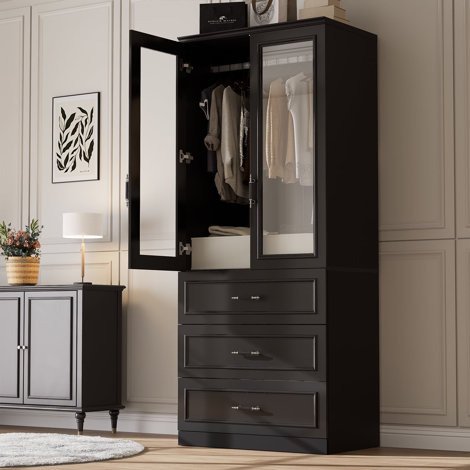 MEISSALIVVE Armoire Wardrobe Closet with 2 Door & 3 Drawers, 74.8 ...