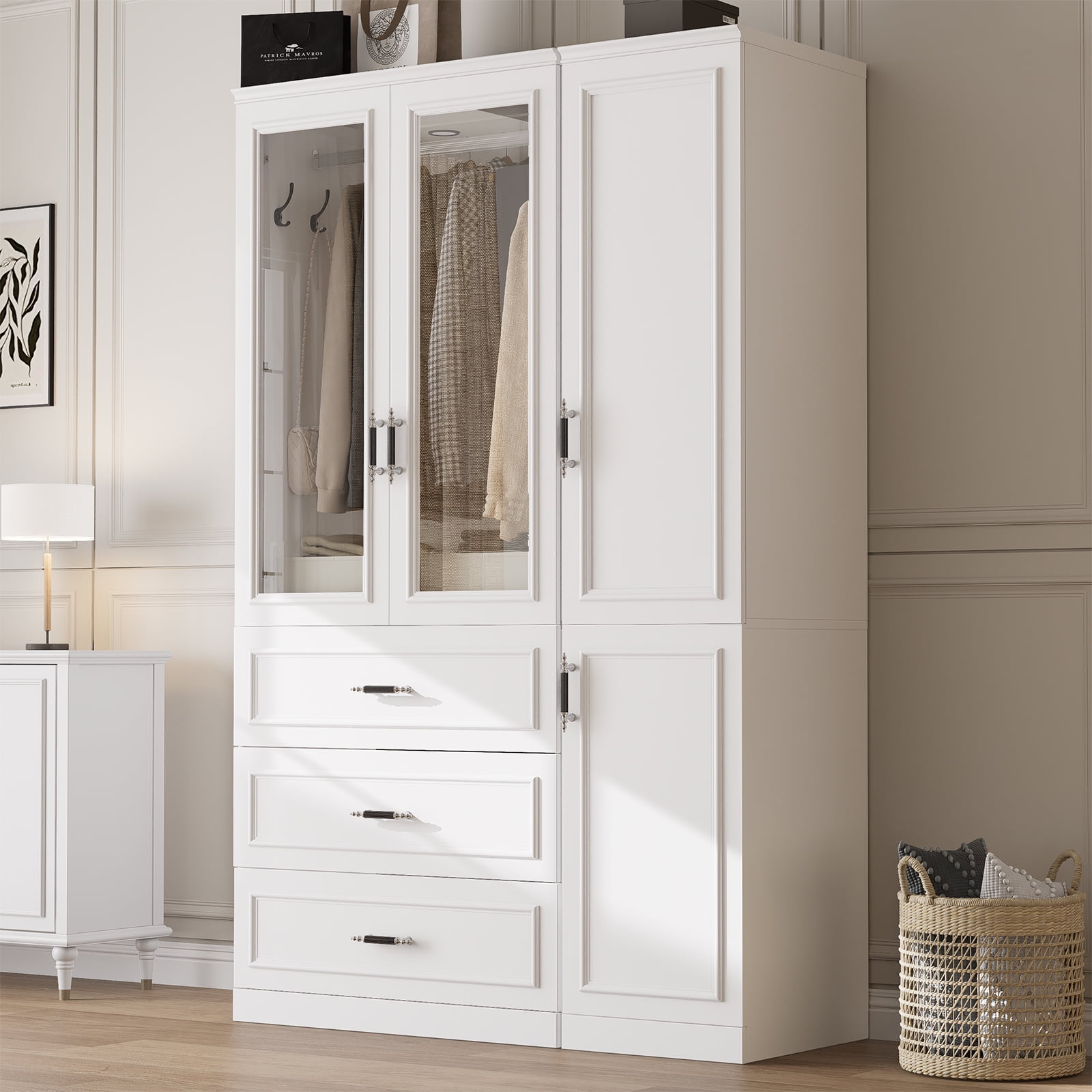 MEISSALIVVE Armoire Wardrobe Closet with 4 Door & 3 Drawers, 74.8 ...
