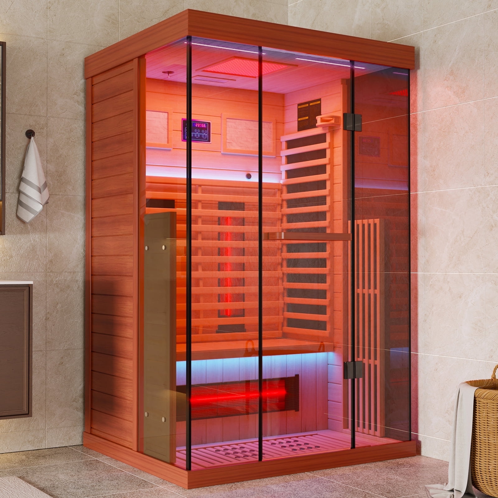 MEISSALIVVE Full Spectrum Infrared Sauna，1-2 Person Home Sauna，Red Cedar Indoor Sauna with ...