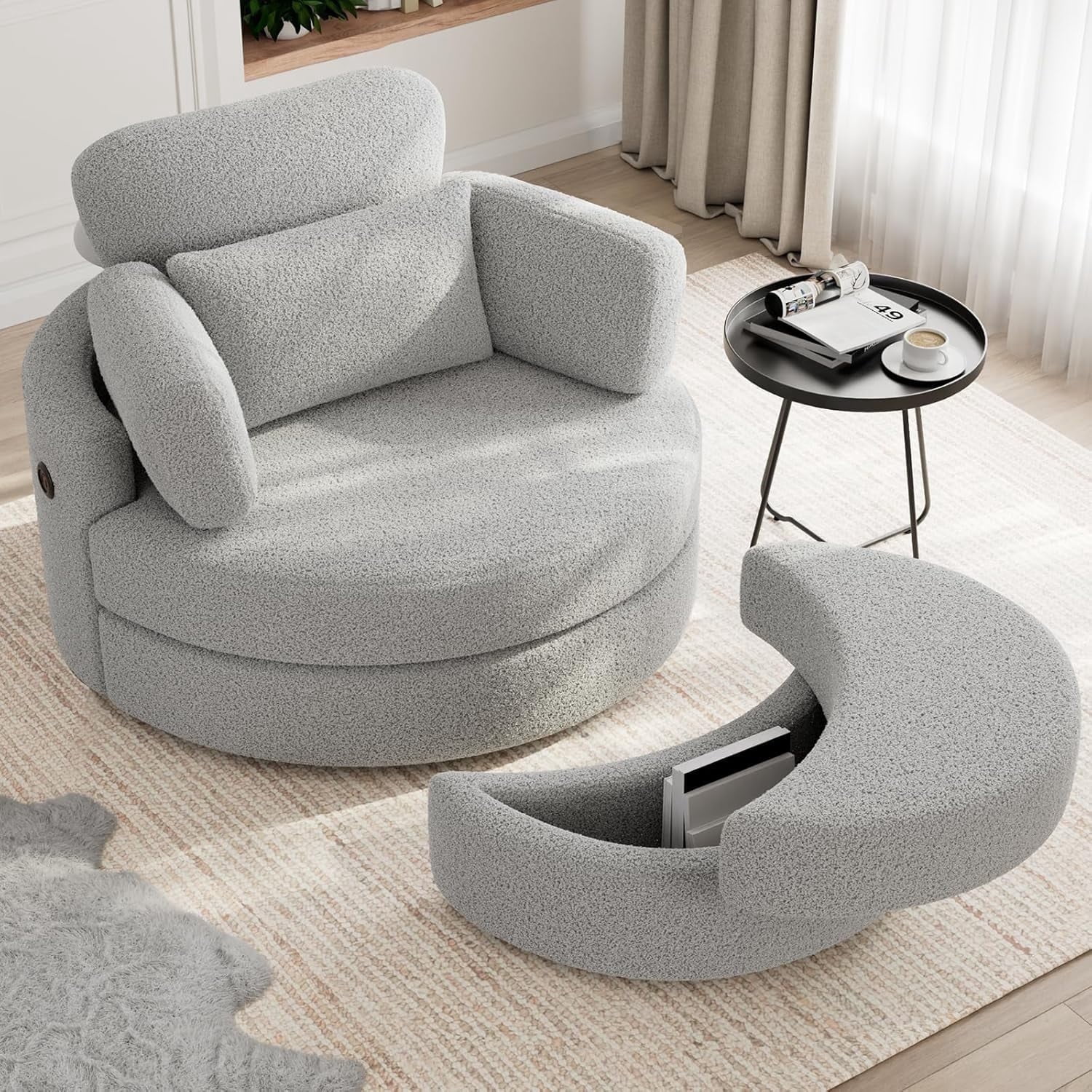 MEISSALIVVE Swivel Barrel Chair with Storage Ottoman & USB Port, 360 ...