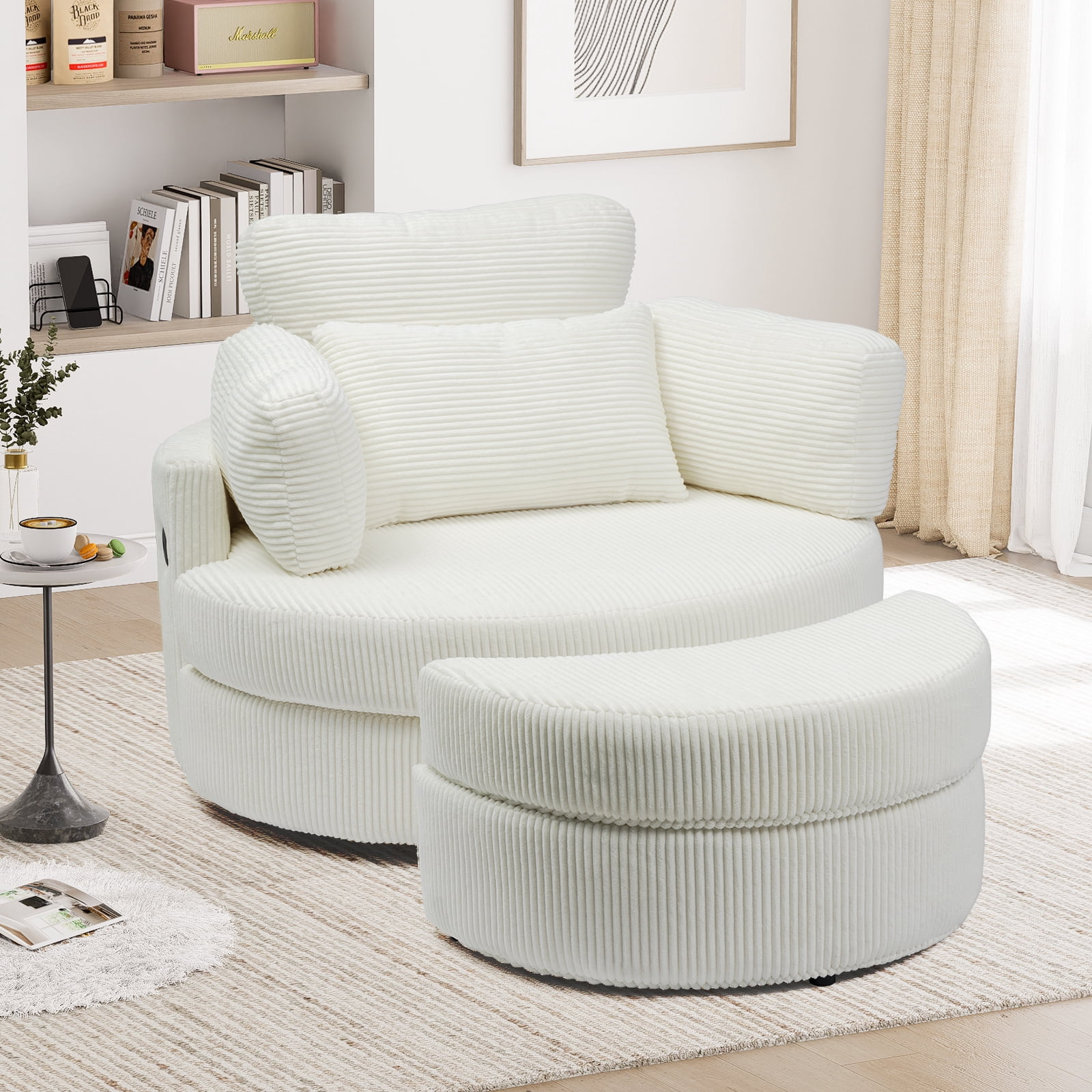 MEISSALIVVE Swivel Barrel Chair with Storage Ottoman & USB Port, 360 ...