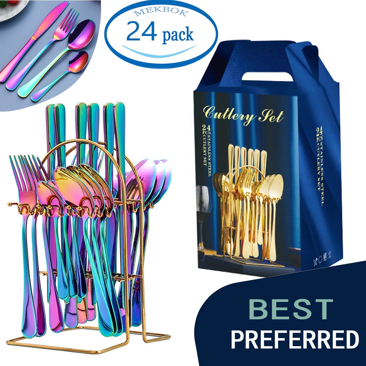 MEKBOK 24-Piece Colorful Silverware Set, Stainless Steel Flatware with ...