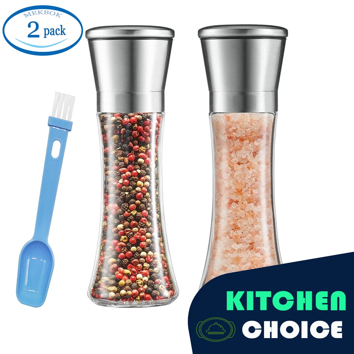 MEKBOK Salt and Pepper Grinder Set, Stainless Steel and Glass ...