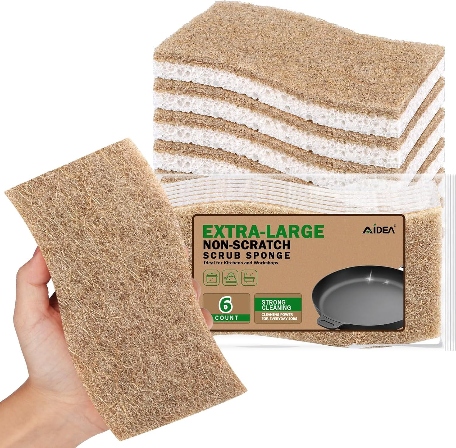 MEKBOK XL Scrub Sponges Non-Scratch, 6Count, Large Natural Sponge for ...