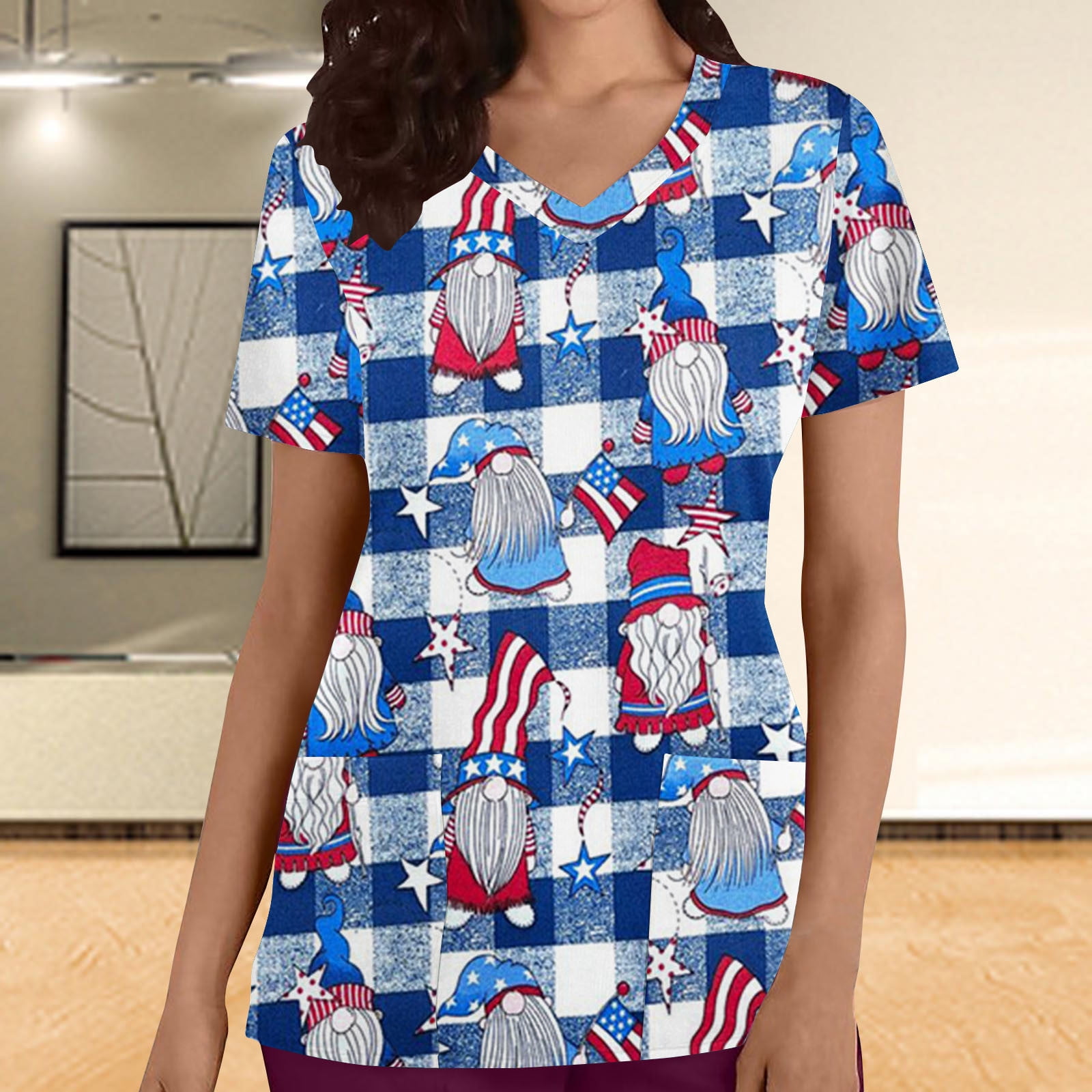 MELDVDIB Women Nursing Scrub Tops Independence Day Flag Print T Shirt V ...