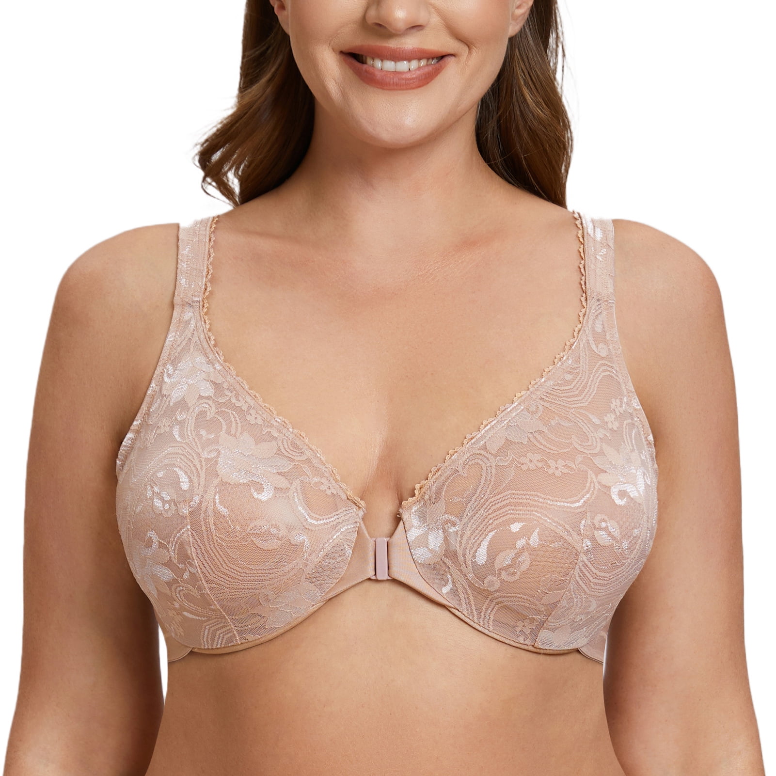 MELENECA Women's Plus Size Front Closure No Padding Full Coverage Lace Underwire Bra Beige 42DD ...