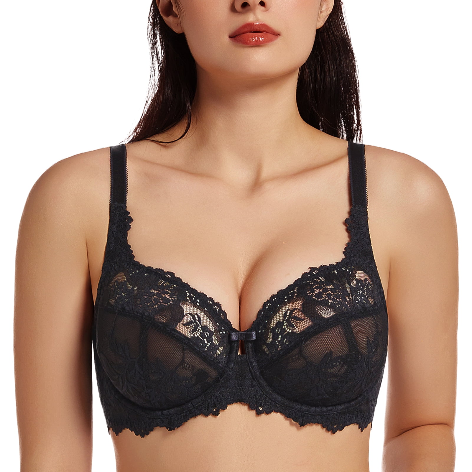 MELENECA Women's Plus Size Minimizer Bras Full Coverage Lace Unlined Underwire Bra Black 36DD ...