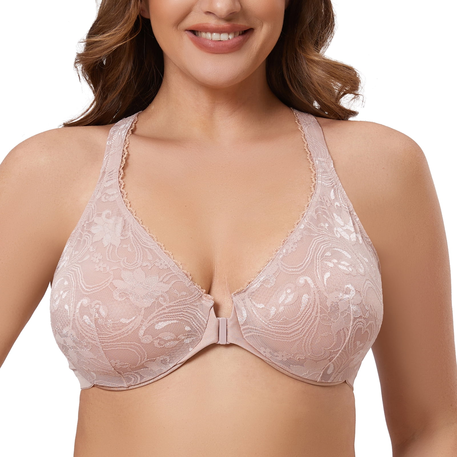 MELENECA Women's Plus Size Racerback Unlined Lace Underwire Front Closure Bra Beige 38G ...