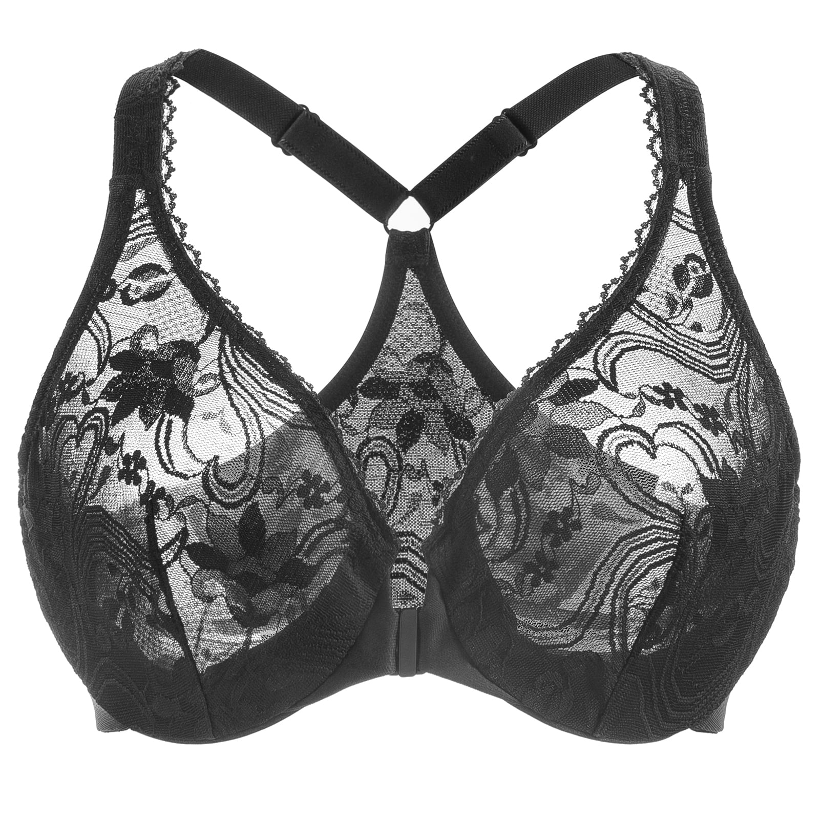 MELENECA Women's Plus Size Racerback Unlined Lace Underwire Front Closure Bra Black 42G ...