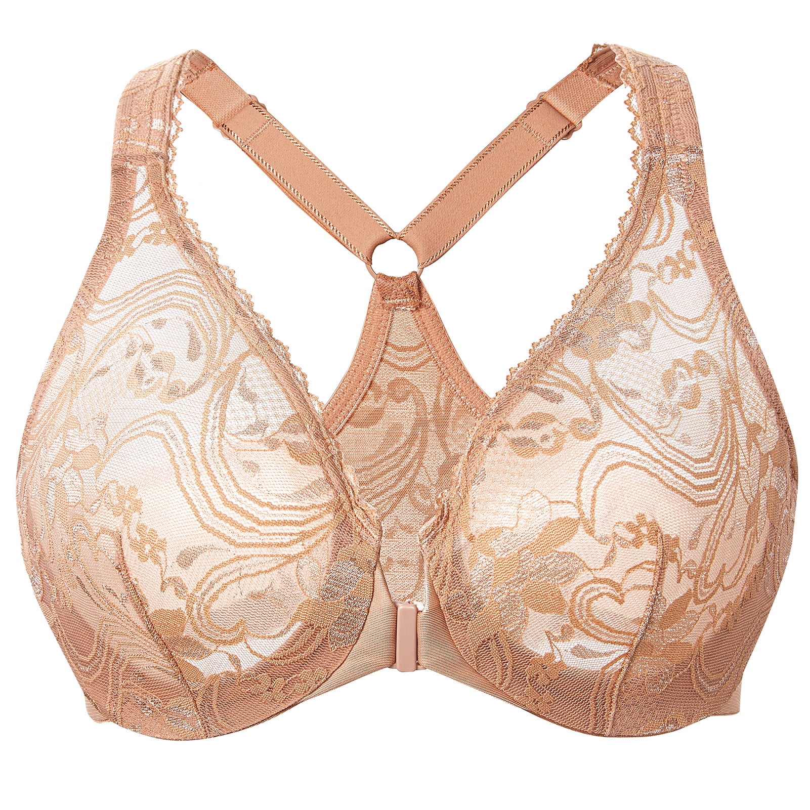 MELENECA Women's Plus Size Racerback Unlined Lace Underwire Front Closure Bra Cappuccino 48F ...