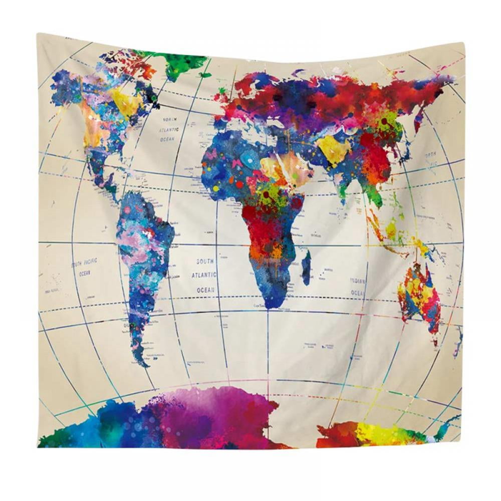MELLCO World Map Tapestry Wall Hanging Map Tapestry Watercolor World ...