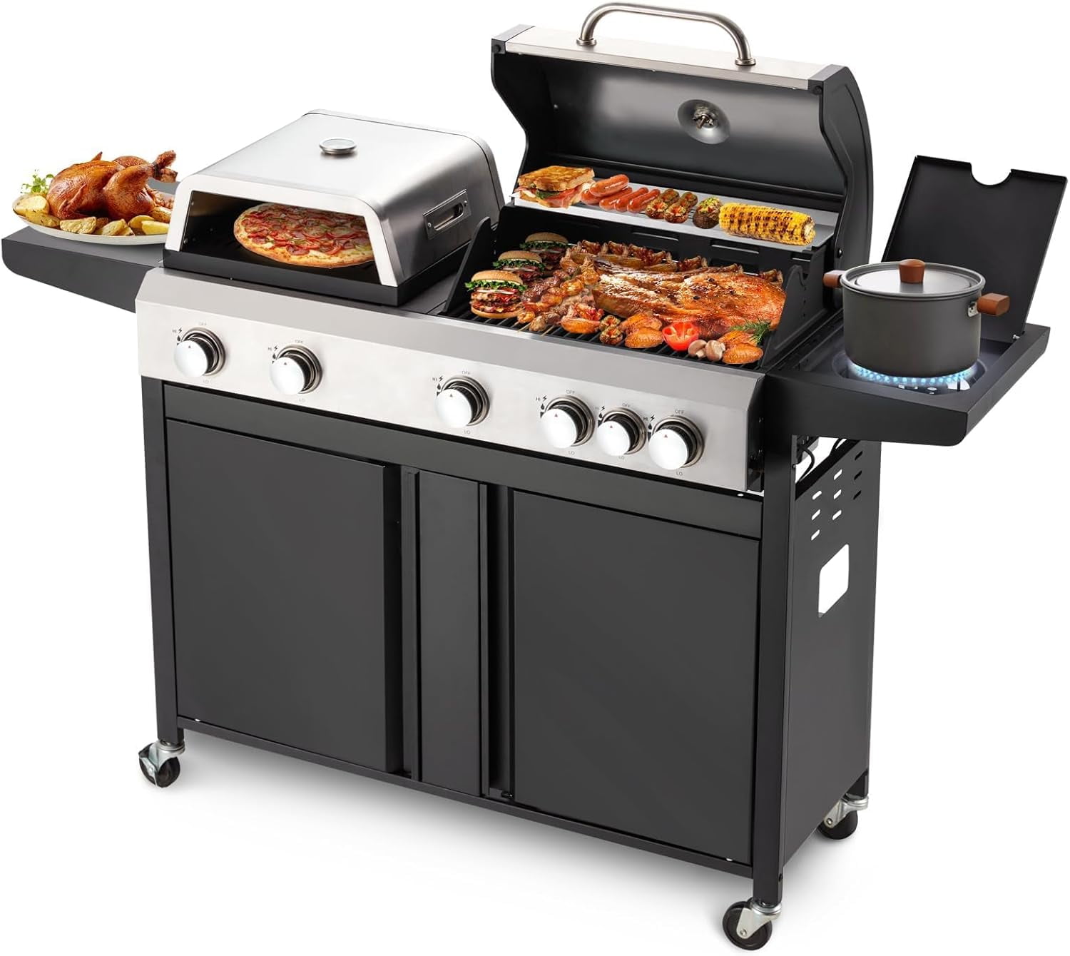 MELLCOM 3 IN 1 Pizza Griddle Grill Combo, 74,000 BTU 5-Burner Stainless ...