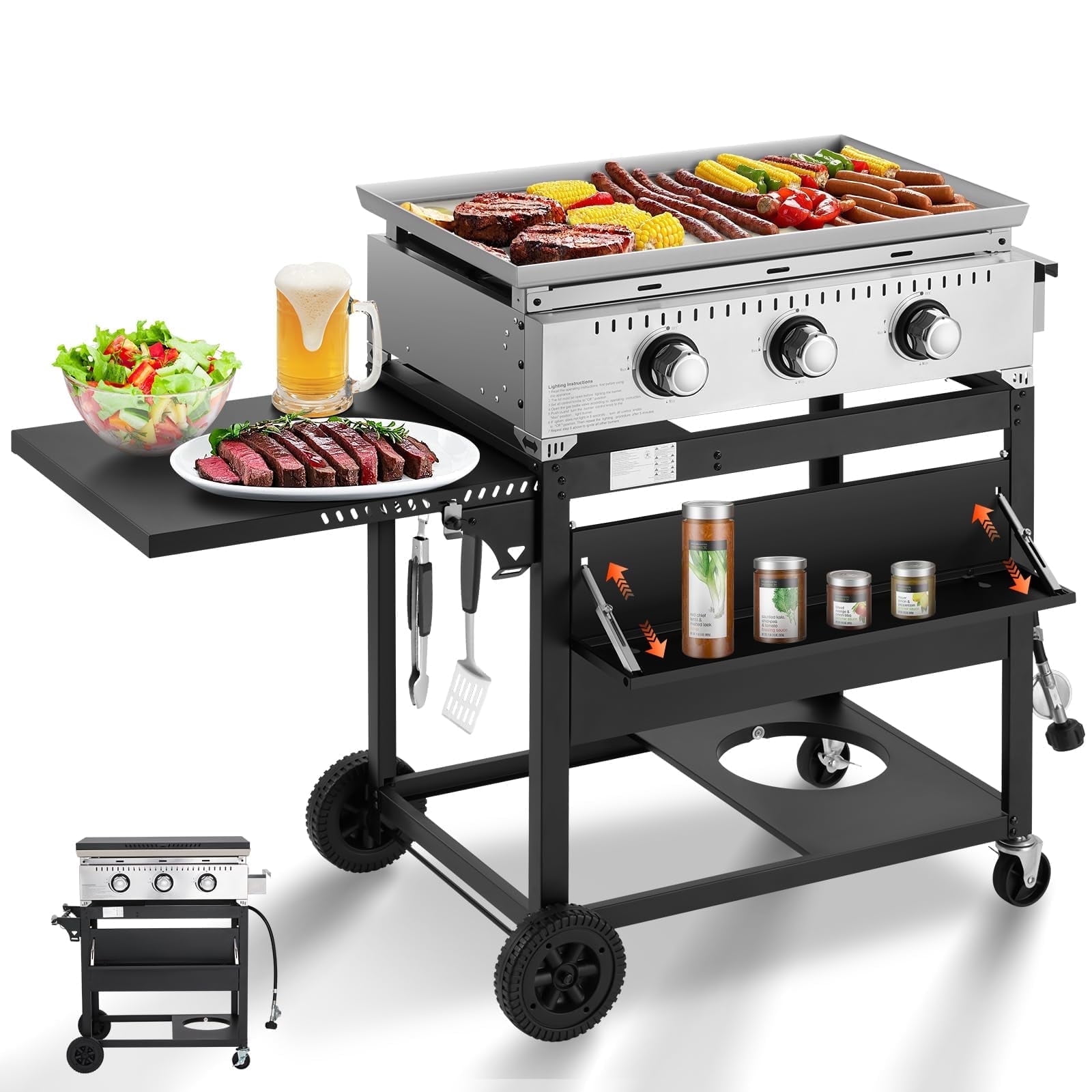 MELLCOM 3 Burner 30000 BTU Outdoor Gas Griddle with Lid (Side Shelf ...