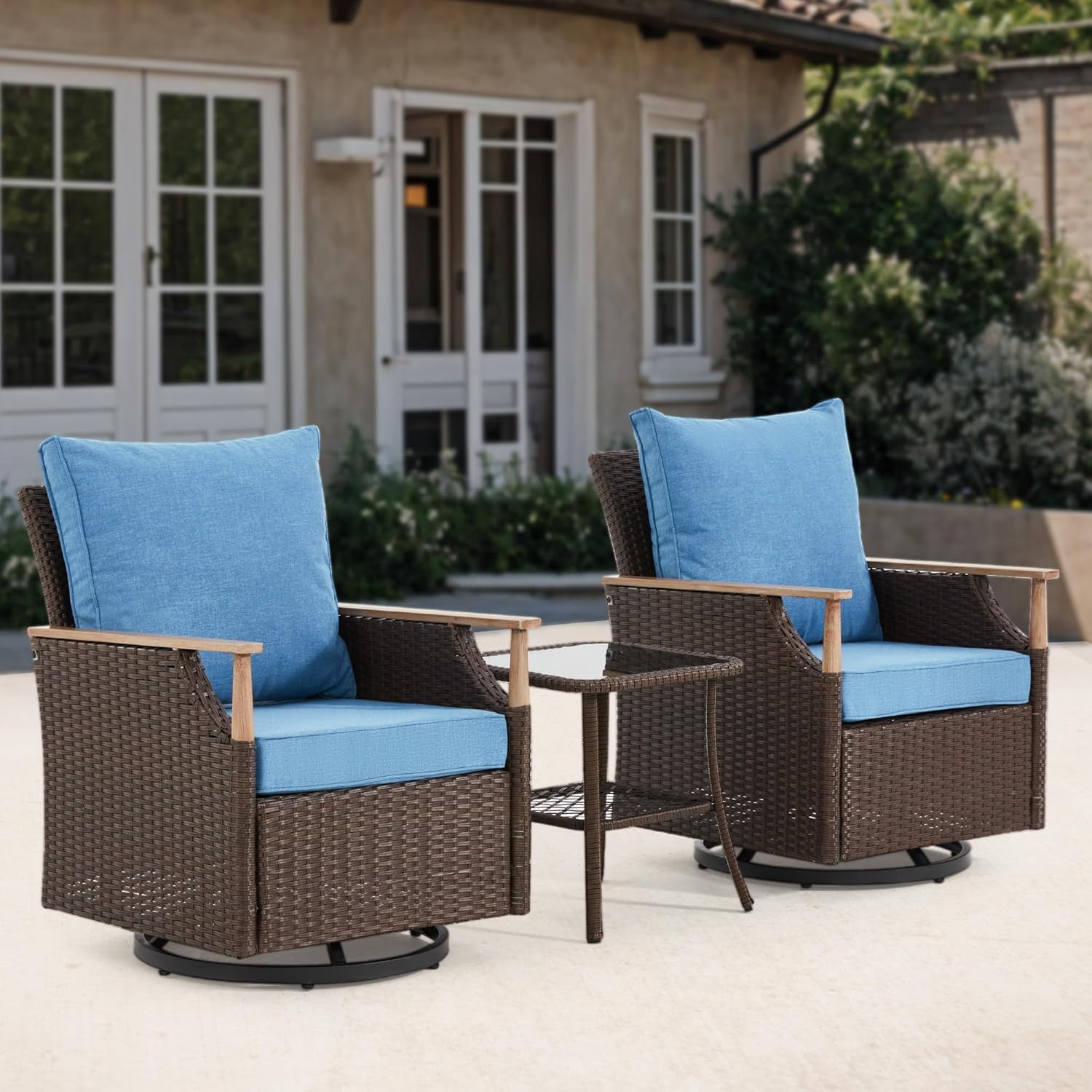 MELLCOM 3 Pieces Patio Furniture Set, Wicker Swivel Glider Chairs with ...