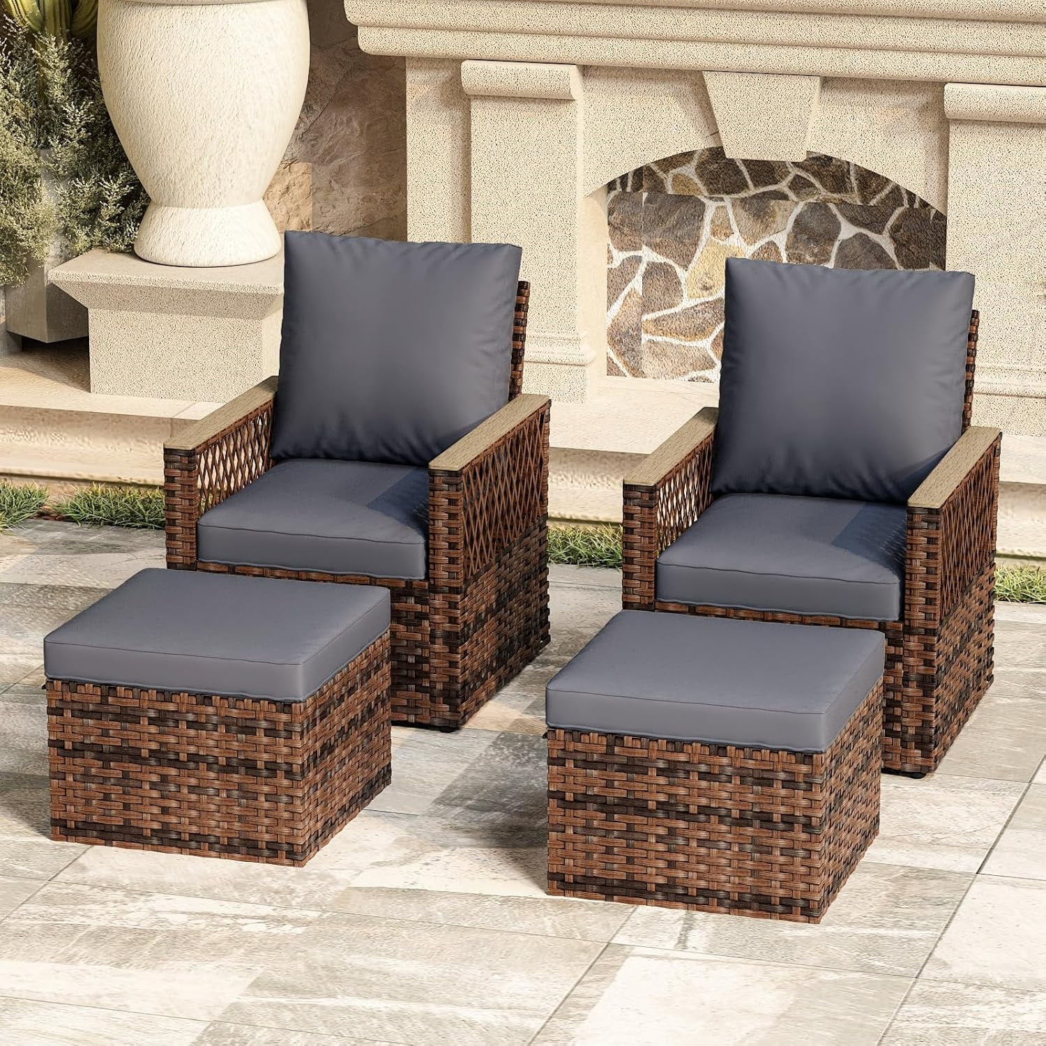 MELLCOM 4 Pieces Patio Furniture Set, Outdoor Wicker Chairs with ...