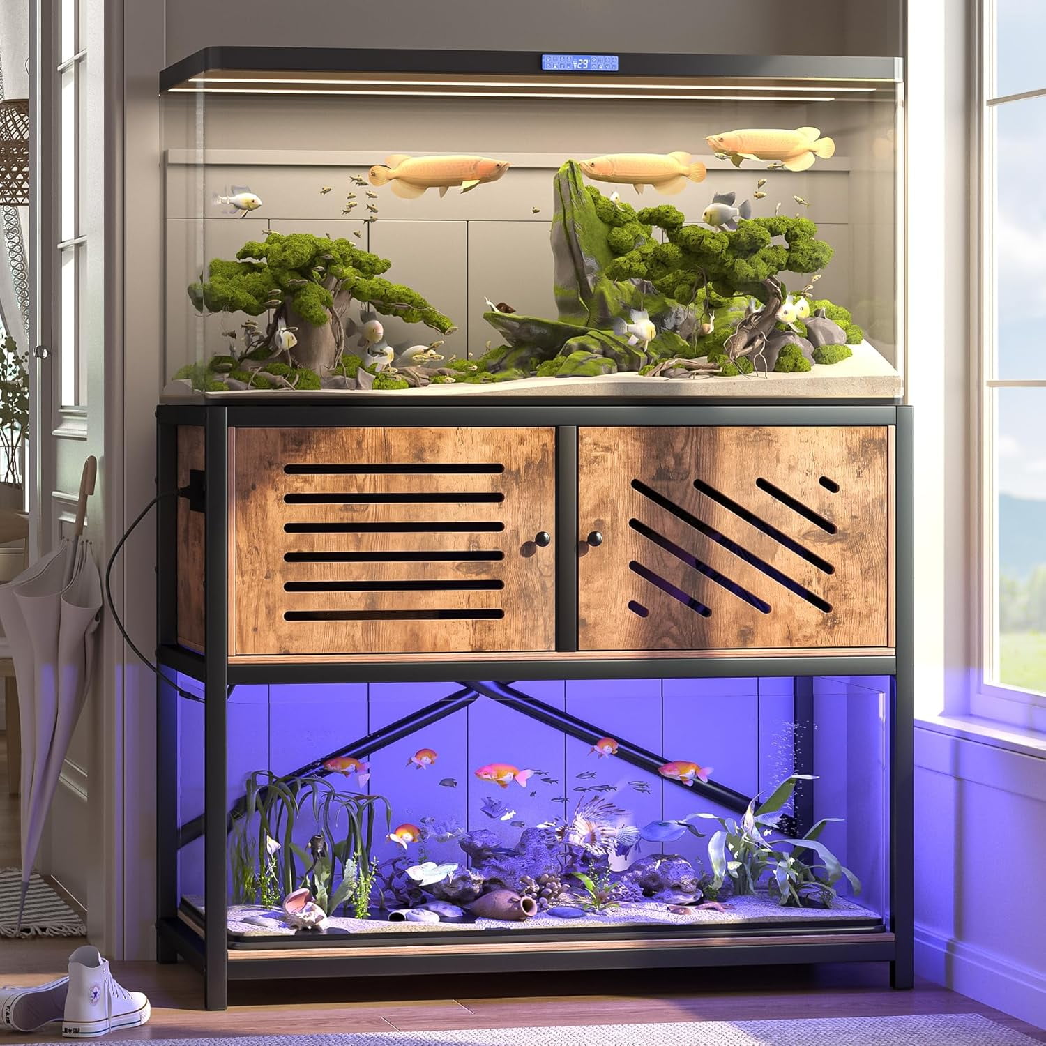 MELLCOM 40-50 Gallon Fish Tank Stand with Power Outlets and LED Light ...