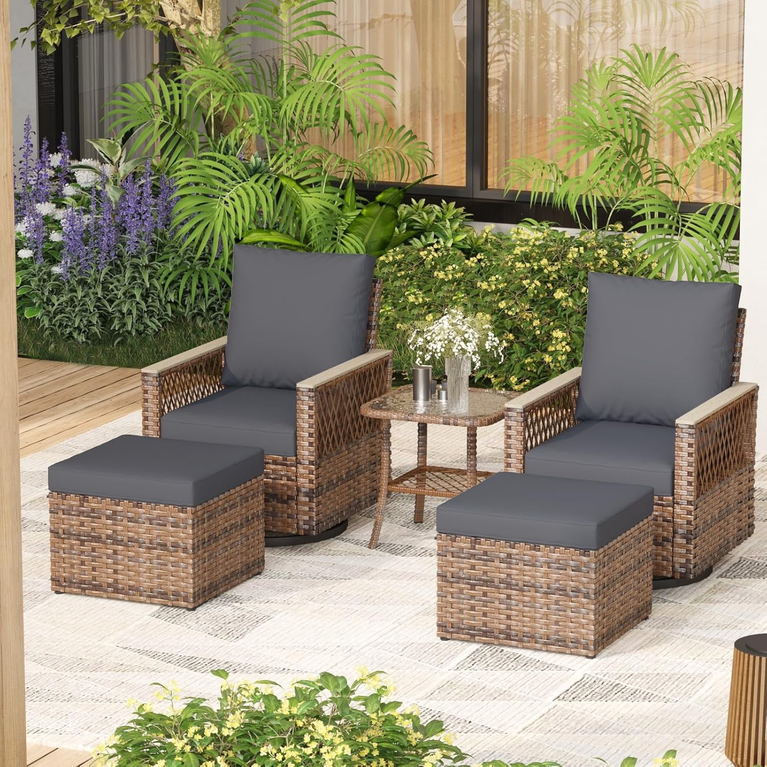 MELLCOM 5 Pieces Patio Furniture Set, Outdoor Swivel Glide Chairs with ...
