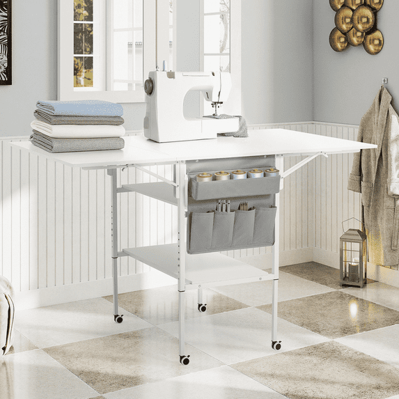 MELLCOM 61.4" Foldable Craft Table with Storage, Movable Sewing Table ...