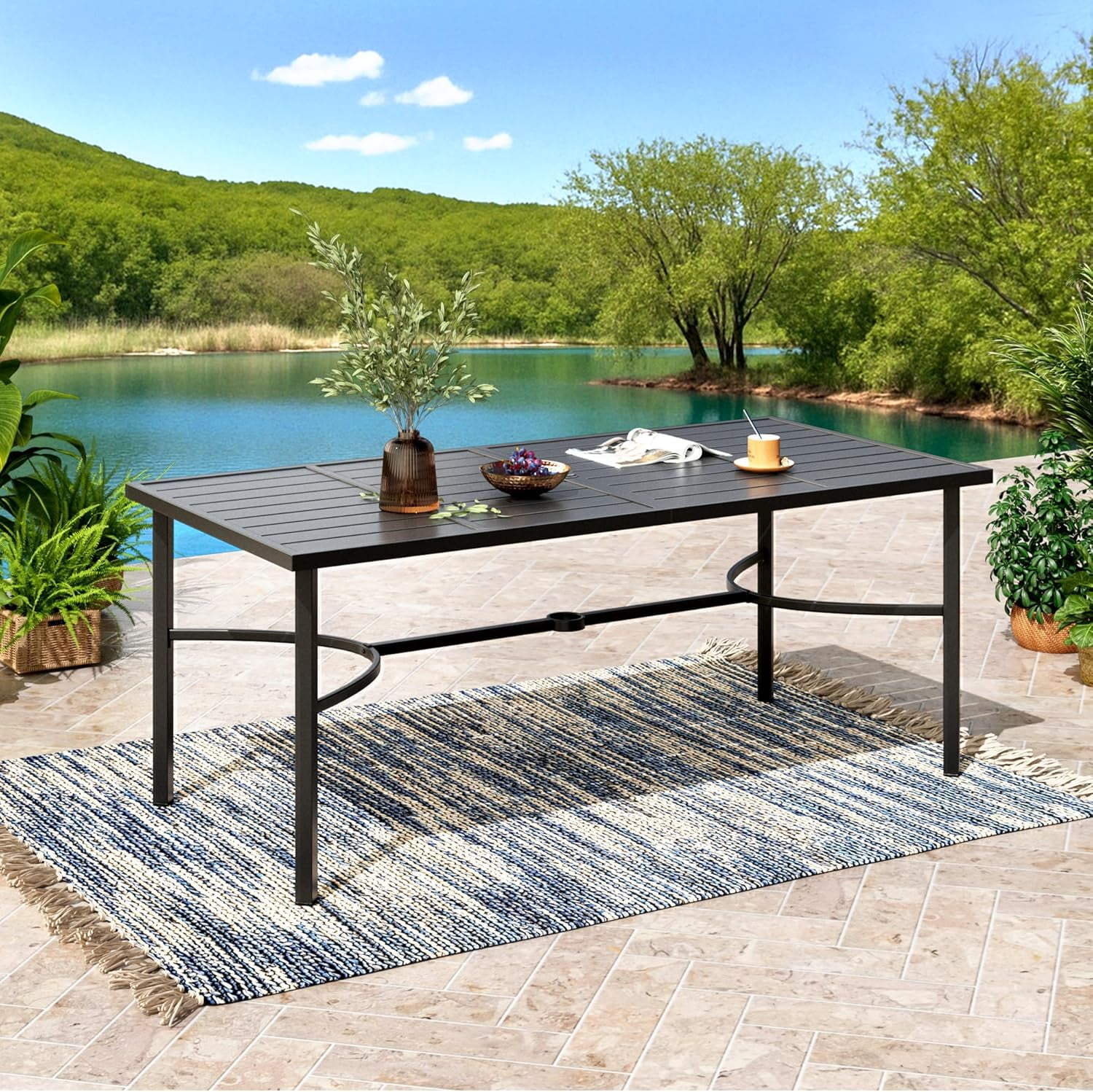 MELLCOM 67''x38'' Outdoor Dining Table for 6, E-Coating Metal Patio ...