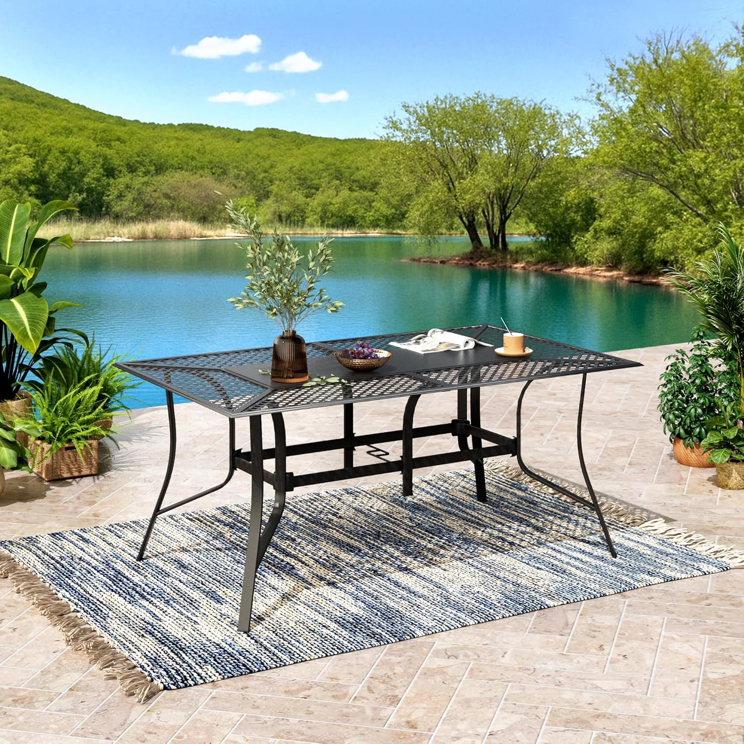 MELLCOM 67''x40'' Outdoor Dining Table for 6, E-Coating Metal Patio ...
