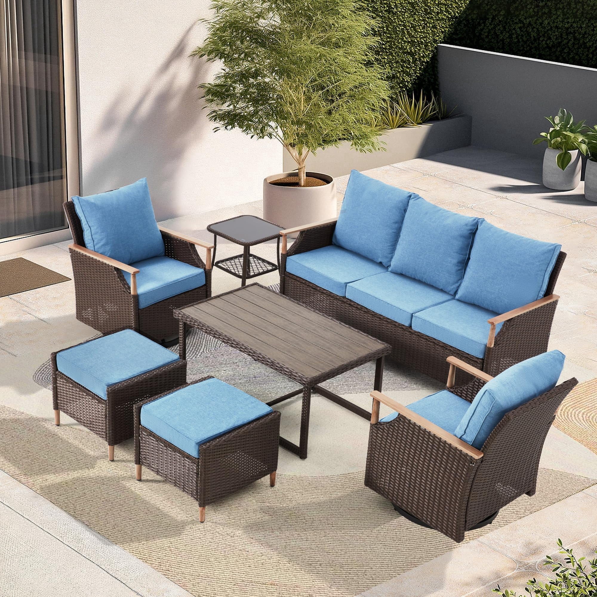 MELLCOM 7 Piece Patio Furniture Set Wicker Patio Conversation Set ...