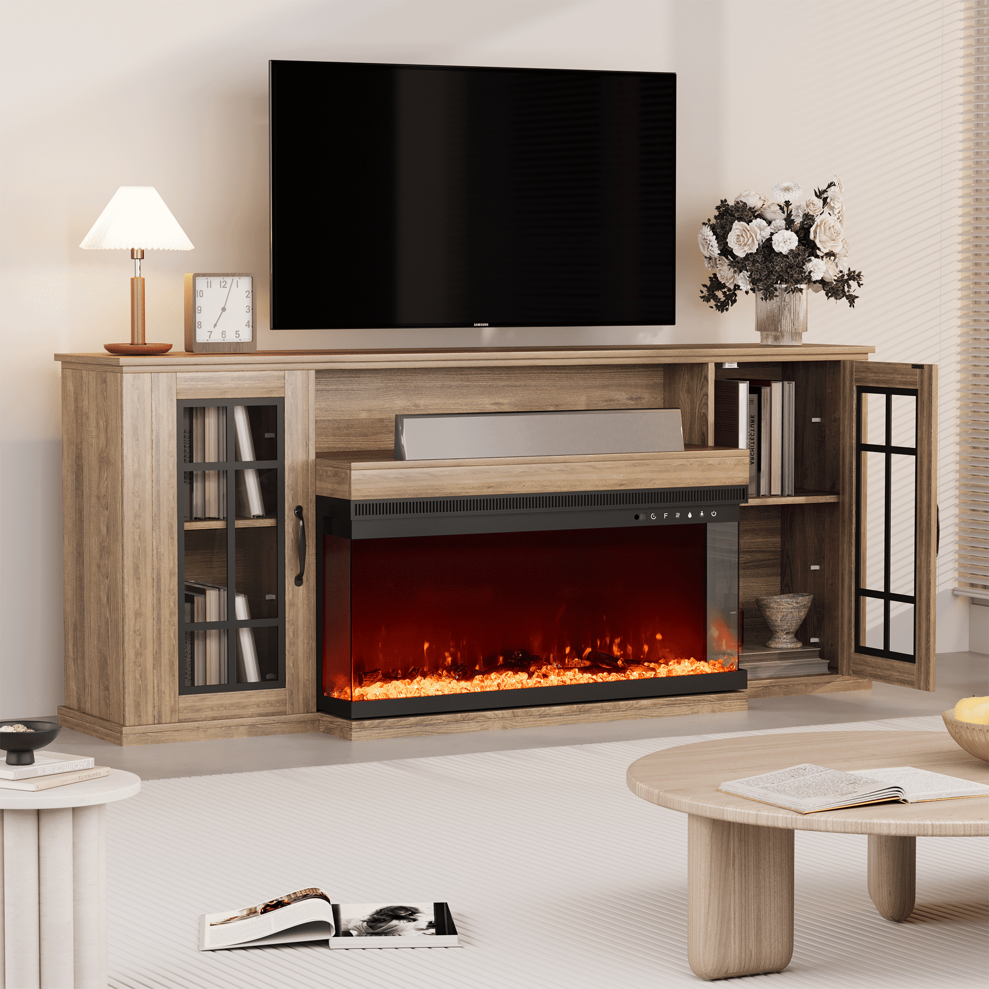 MELLCOM 70" 3 Sided Glass Fireplace TV Stand, Modern Media Console with ...