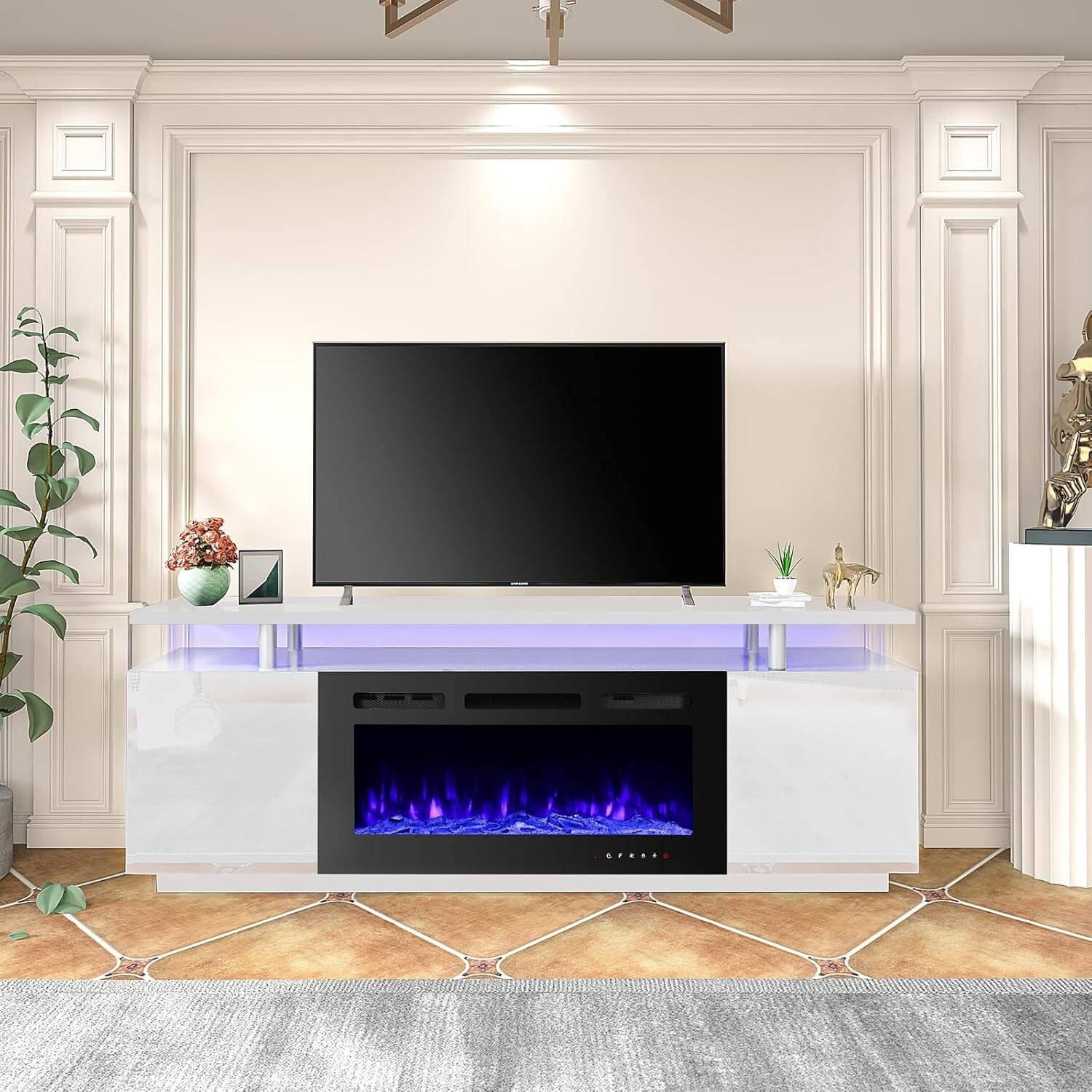 MELLCOM 70" Fireplace TV Stand with 36" Electric Fireplace, Entertainment Center with 12 Flame ...