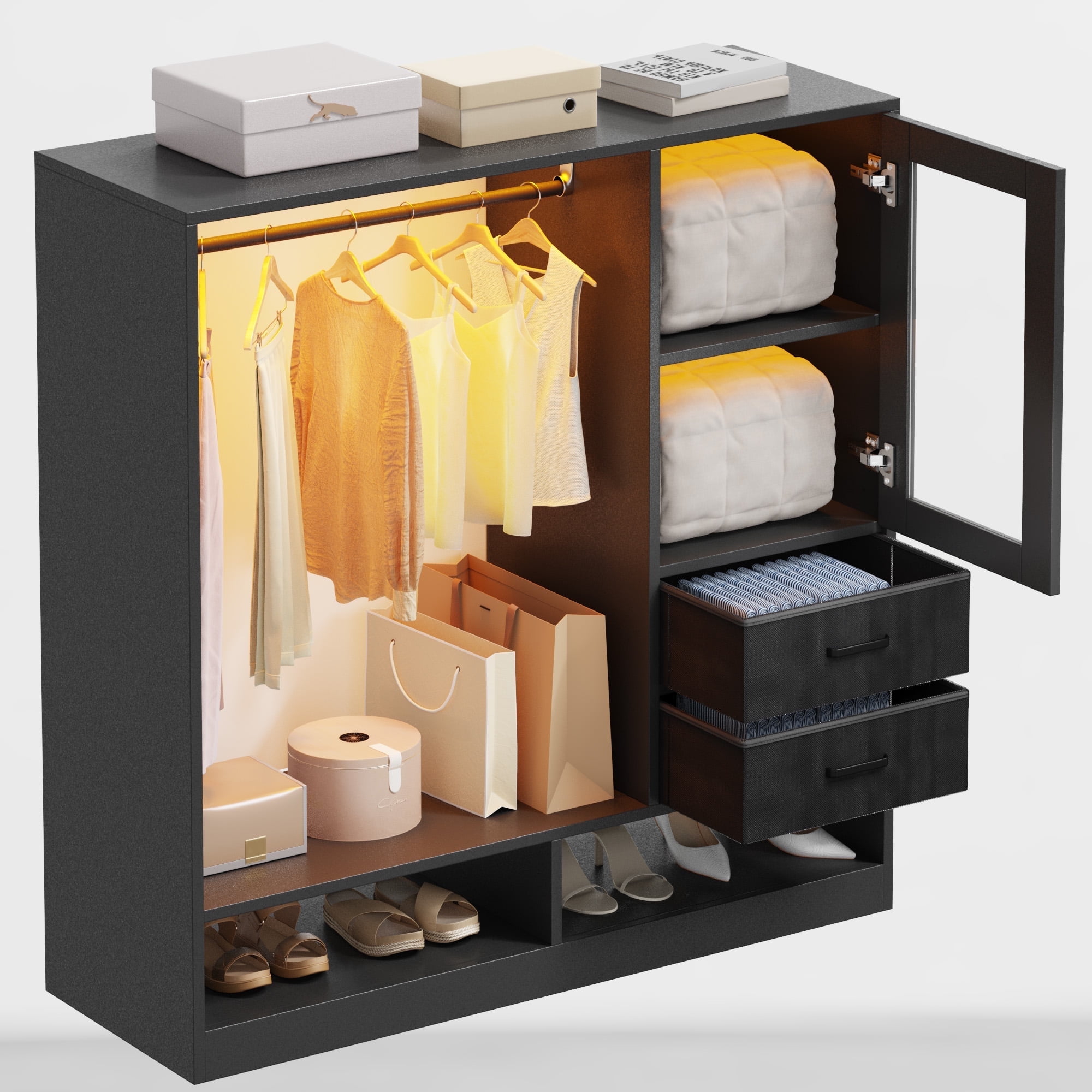 MELLCOM Clothes Rack Dresser, Black Dresser with Hanging Rack, LED ...