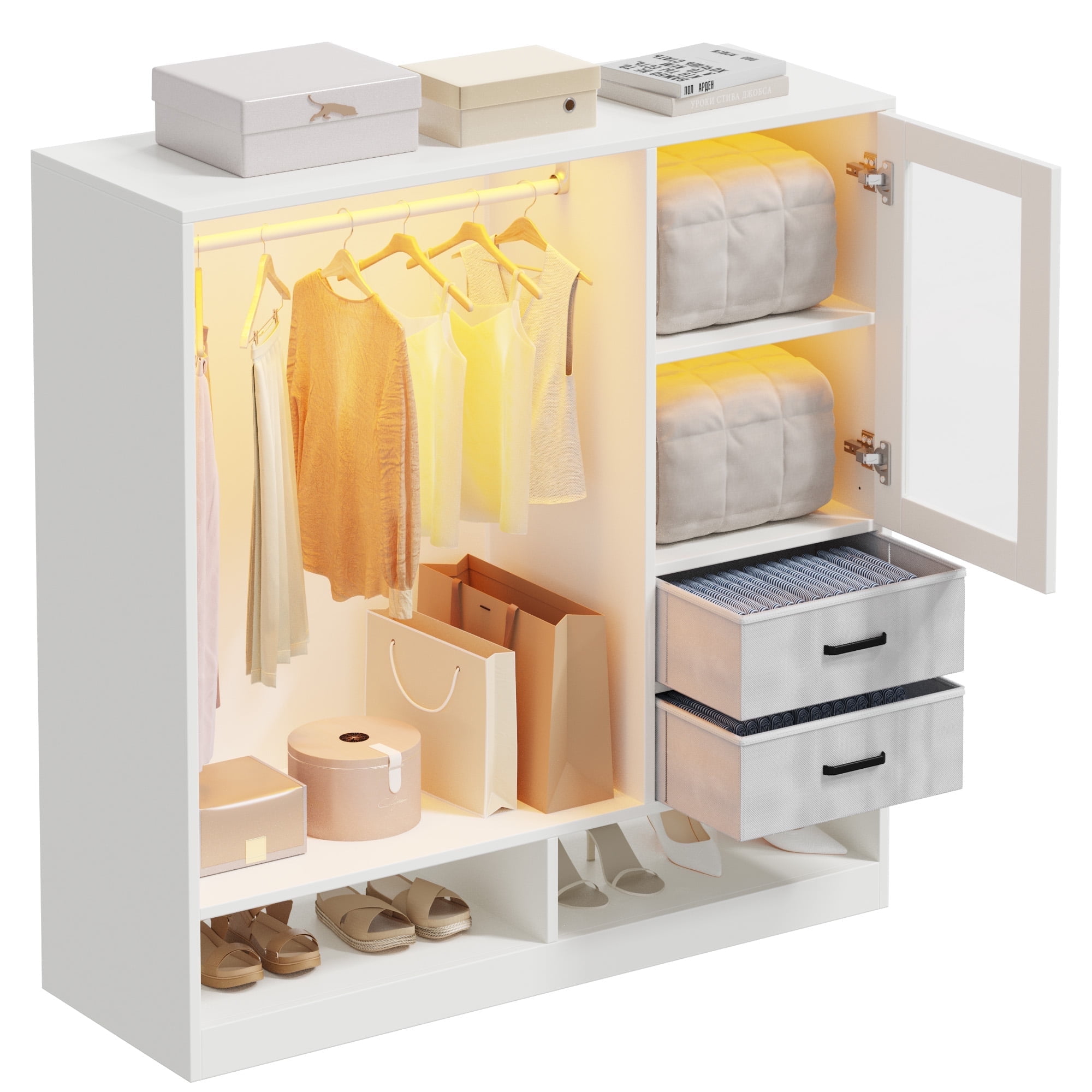 MELLCOM Clothes Rack Dresser, White Dresser with Hanging Rack, LED ...