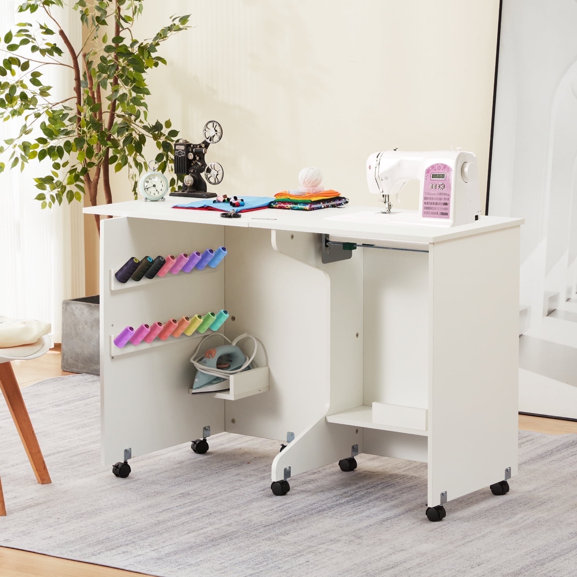 MELLCOM Folding Sewing Table, Portable Craft Station with Storage Shelf ...