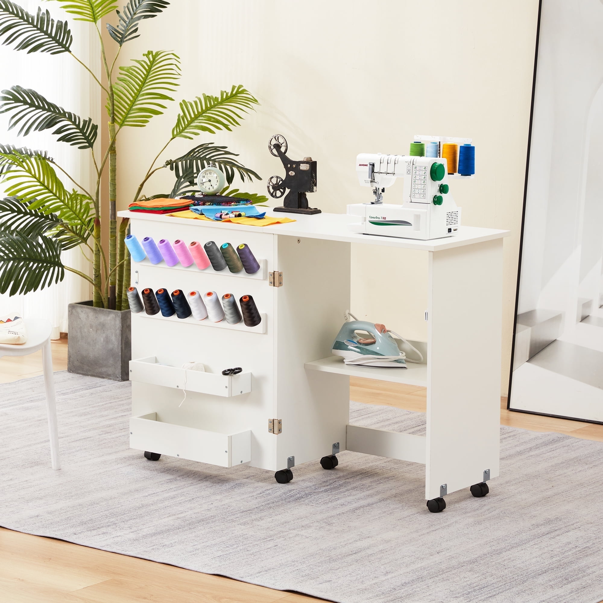 MELLCOM Folding Sewing Table, Portable Craft Station with Storage Shelf ...