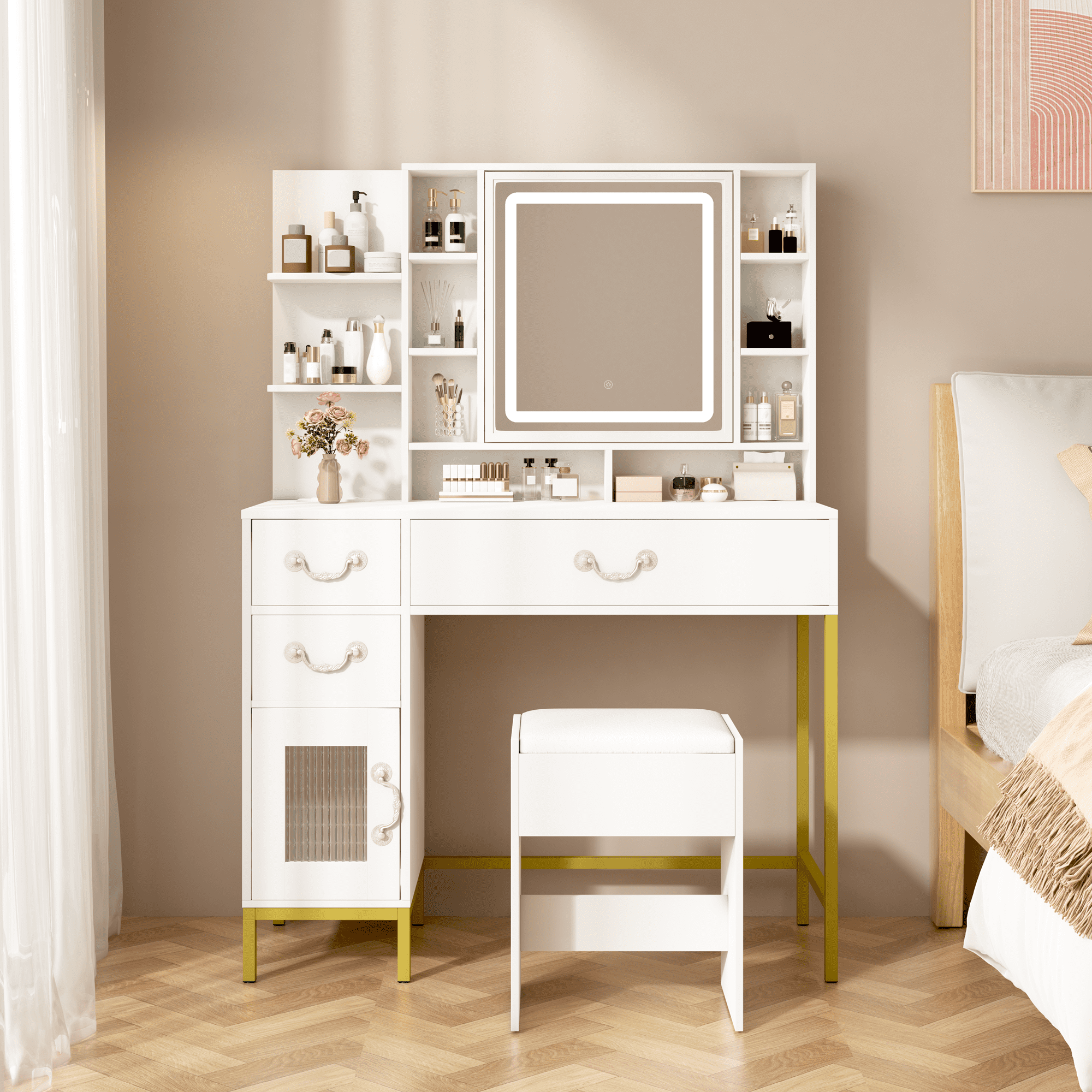 MELLCOM Make up Vanity with 3-Color LED Lights, Openable Mirror and ...