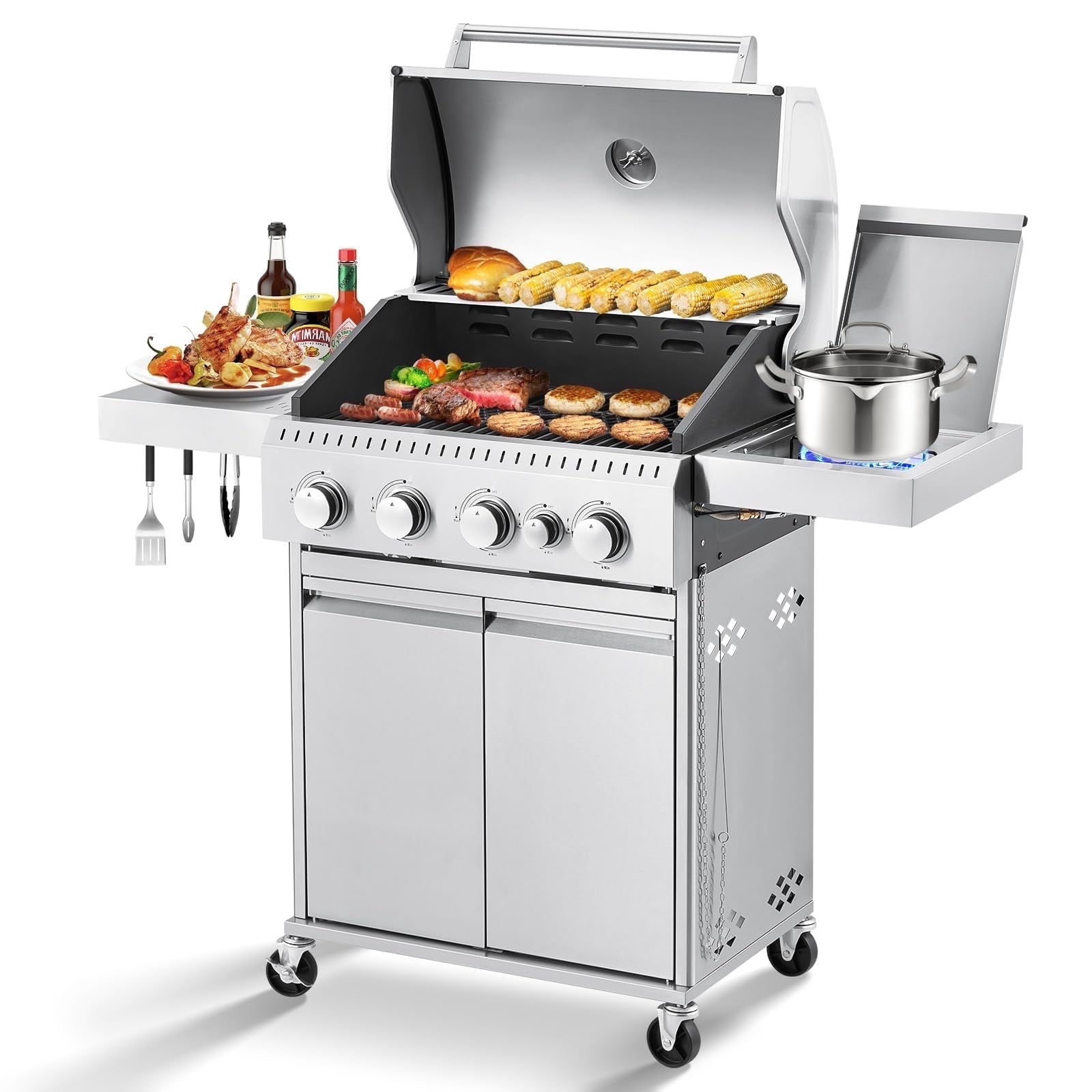 MELLCOM Stainless Steel 4 Burner BBQ Propane Gas Grill with Cast Iron ...
