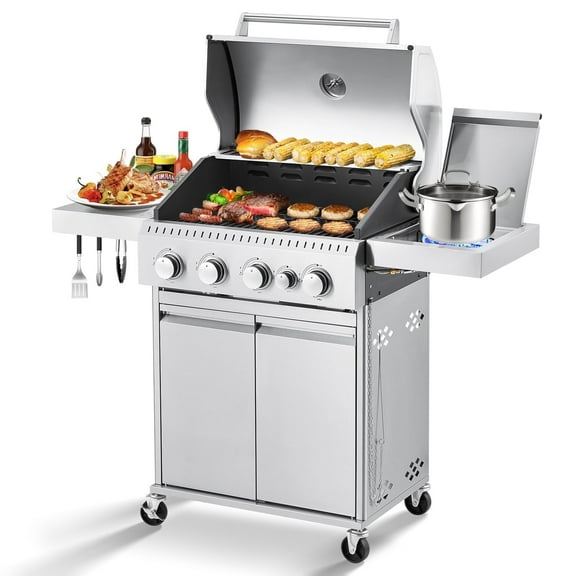 Stainless Steel 4 Burner BBQ Propane Gas Grill with Cast Iron Grates ...