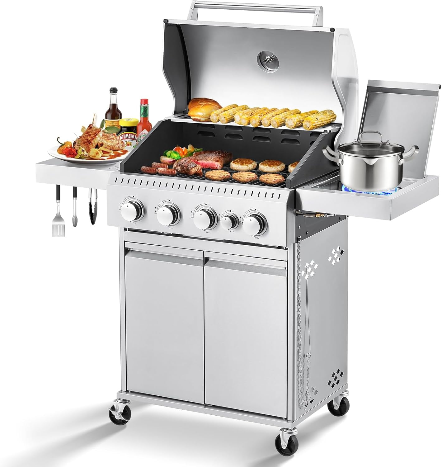 MELLCOM Stainless Steel 4 Burner BBQ Propane Gas Grill with Cast Iron ...