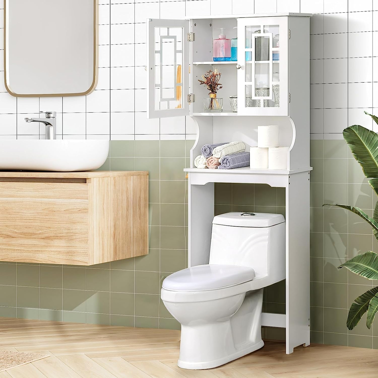 MELLCOM Over The Toilet Storage, Wooden Bathroom Organizer with 2 Glass ...