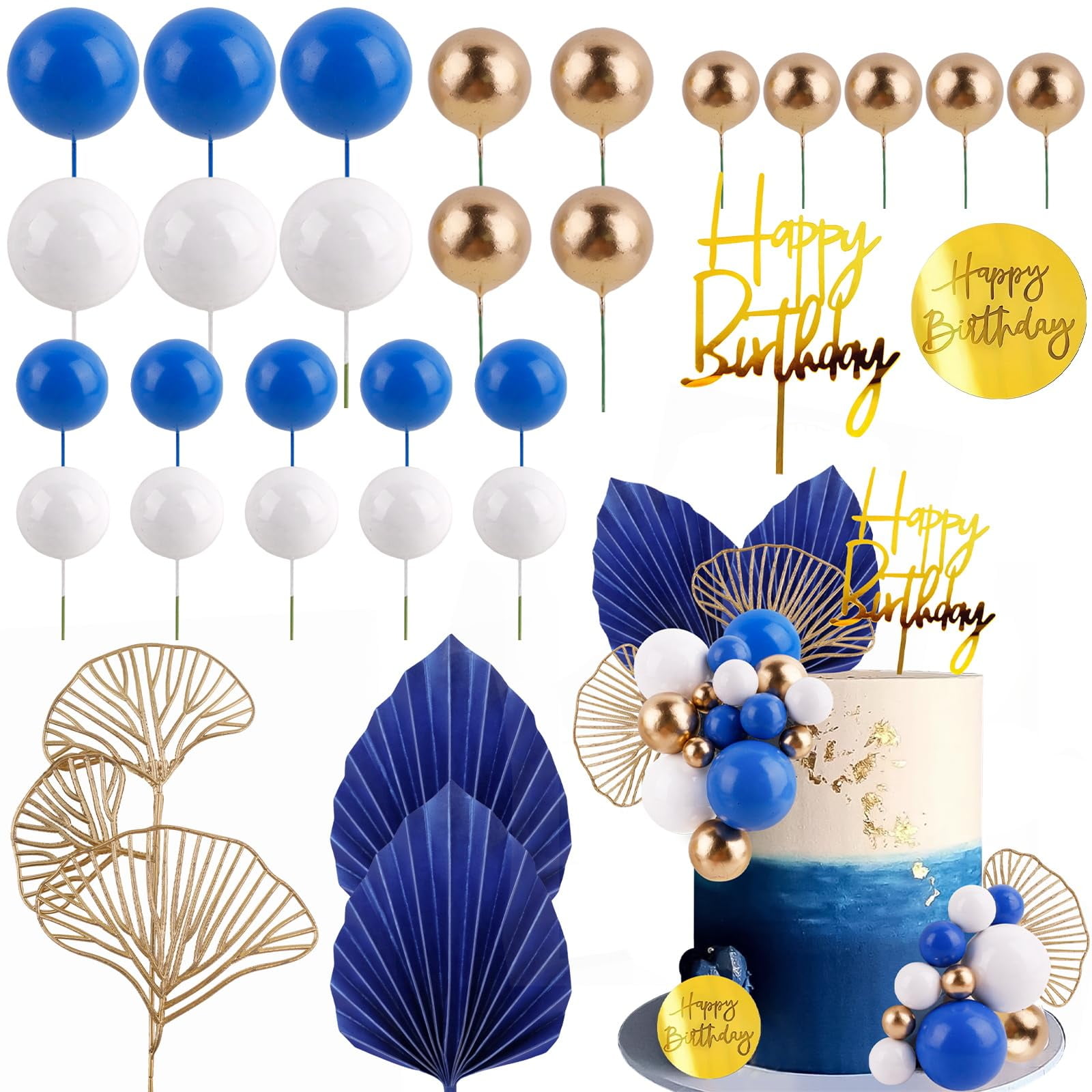 MEMOVAN Blue White Gold Ball Cake Toppers KMC2Balls Toppers Foam Ball ...