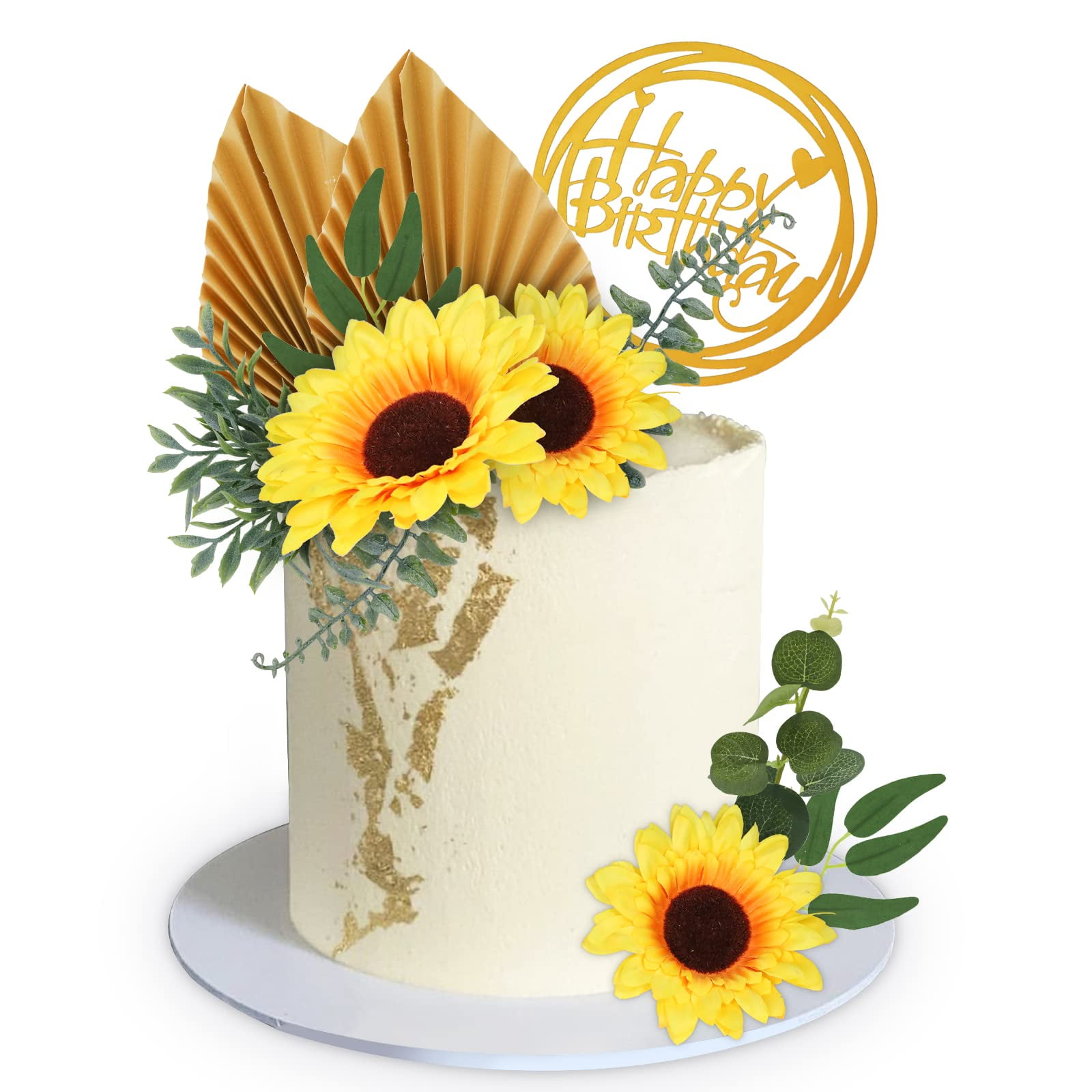 MEMOVAN Sunflower Cake Topper IFF17 18pcs Sunflower Cake with Gold Happy Birthday Cake Topper ...