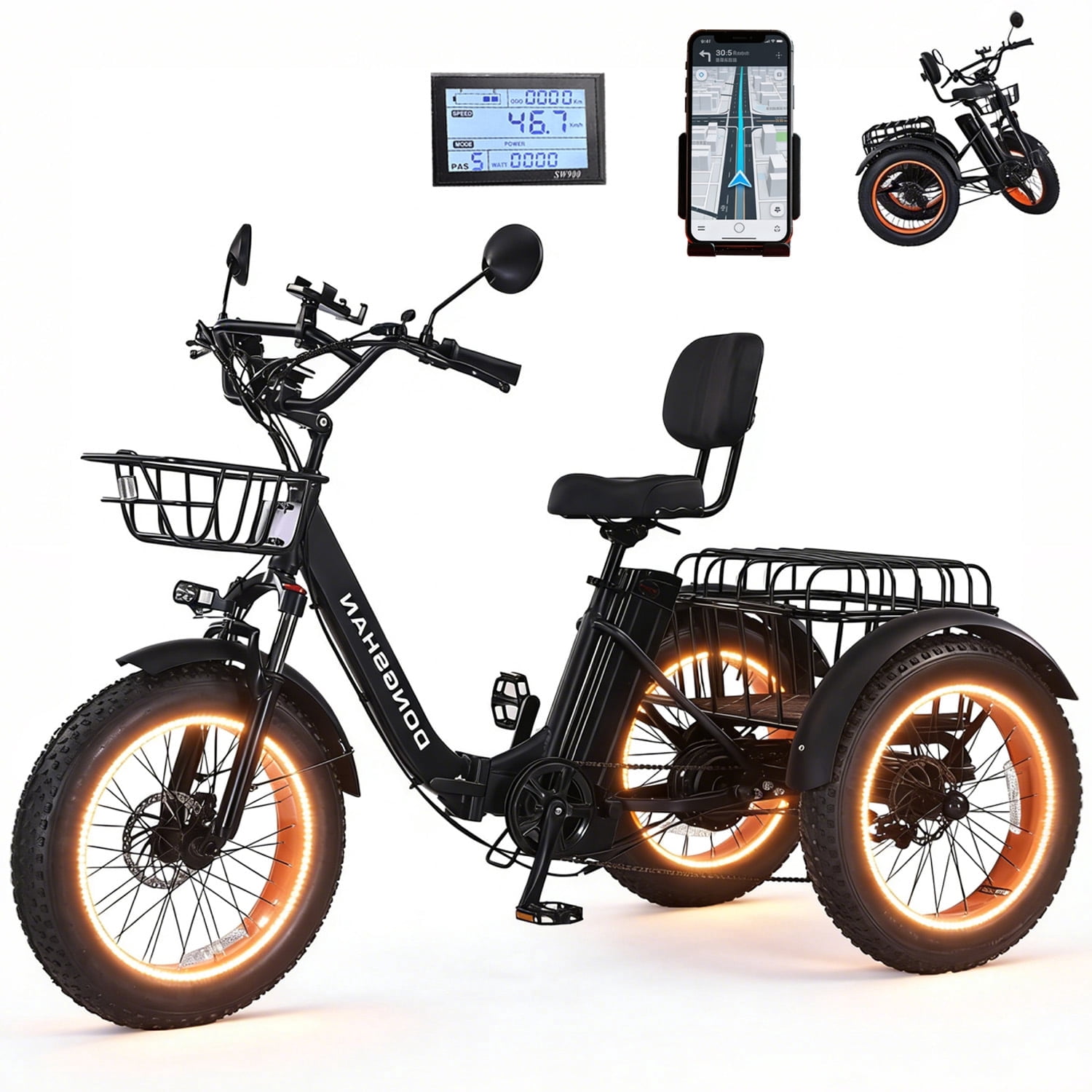 MENGFANMIN Electric Tricycle for Adults, 20”x4.0”Fat Tire Folding ...