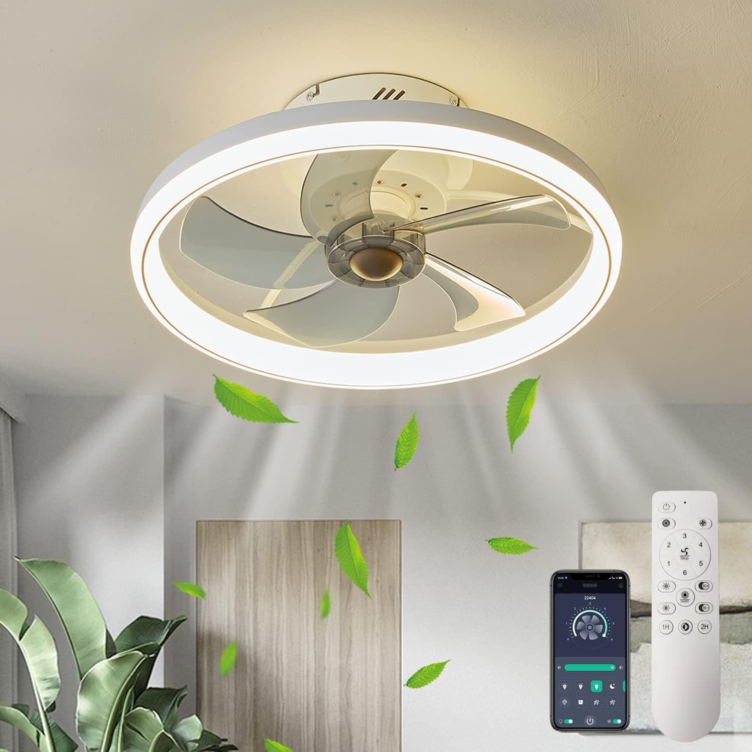 White Low-Profile Bladelss Ceiling Fan with 3-Color LED, 6 Speeds ...