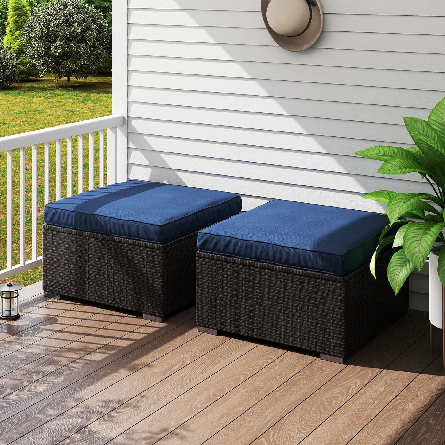 MEOOEM Patio Wicker Ottomans Set of 2, Multipurpose Outdoor Furniture ...