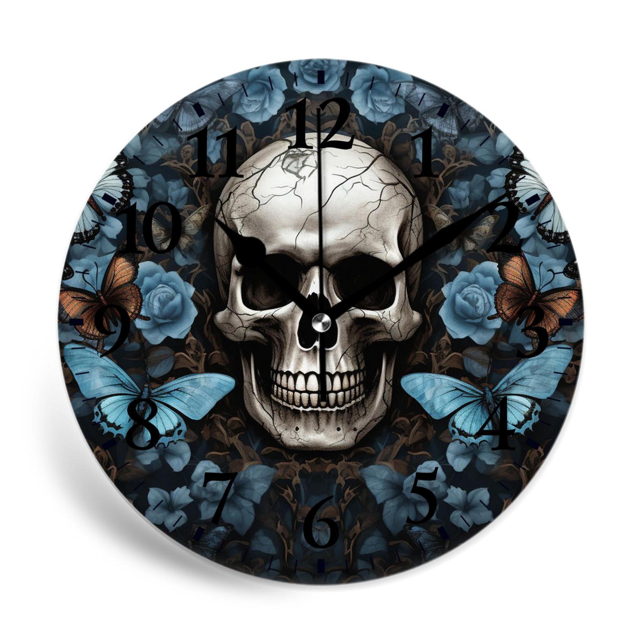MEOSLZUT 10 inch Round Wall Clock,Day of The Dead Skull Butterfly ...